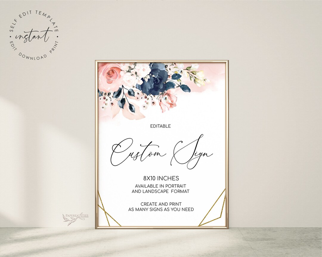 Navy Blush Floral Table Sign Template: Editable 8x10 (digital Download ...