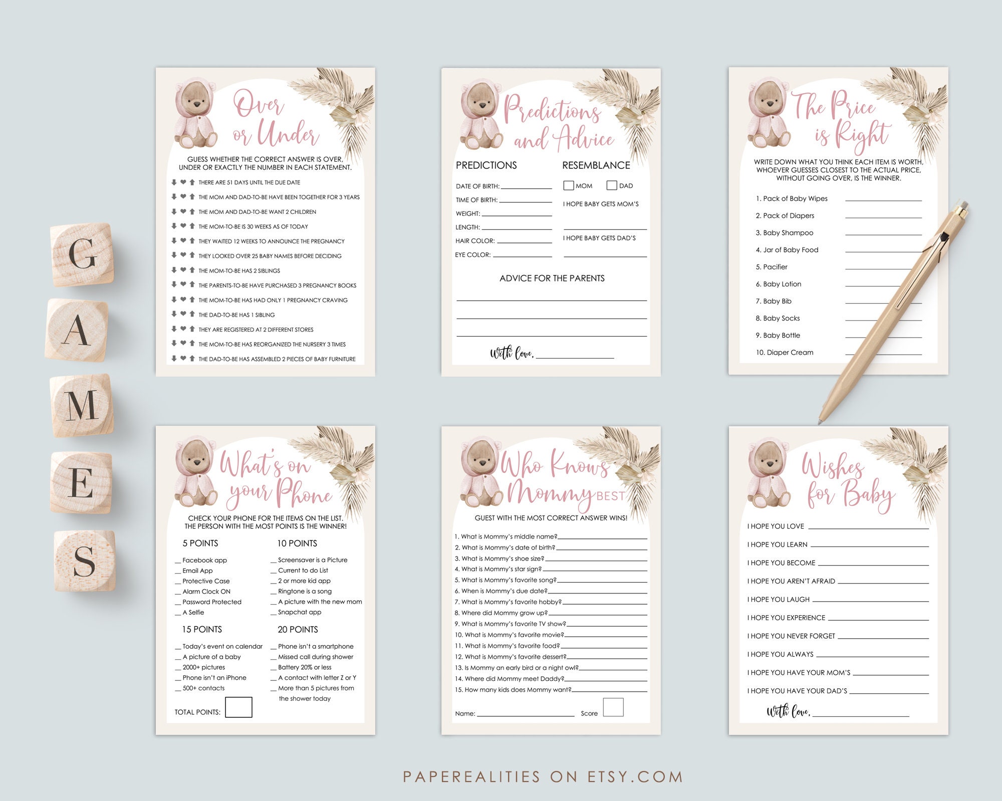 Pink Bear Baby Shower Games Template Girl Teddy Bear Baby - Etsy