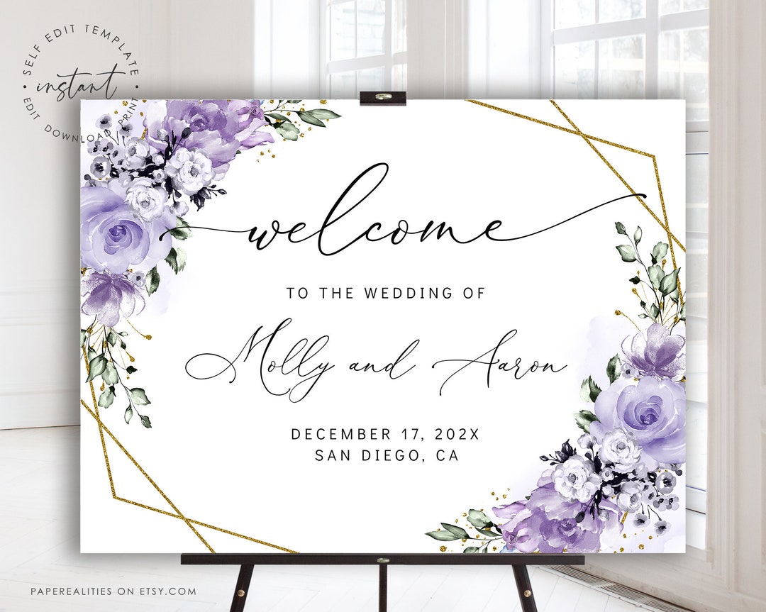 MOLLY Lilac Florals Wedding Welcome Sign Template, Lavender Lilac ...