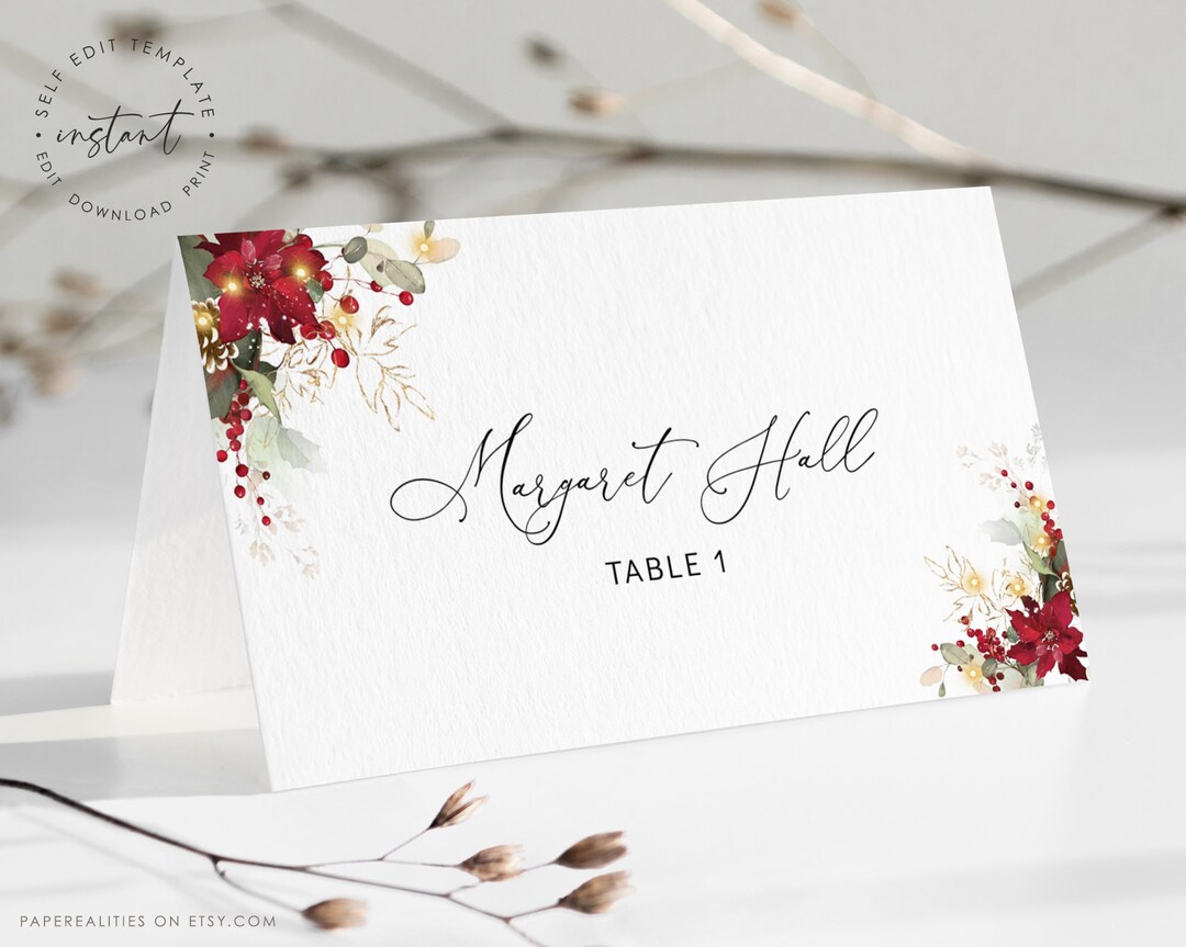 Christmas Dinner Place Card Template, Winter Wedding Place Card ...
