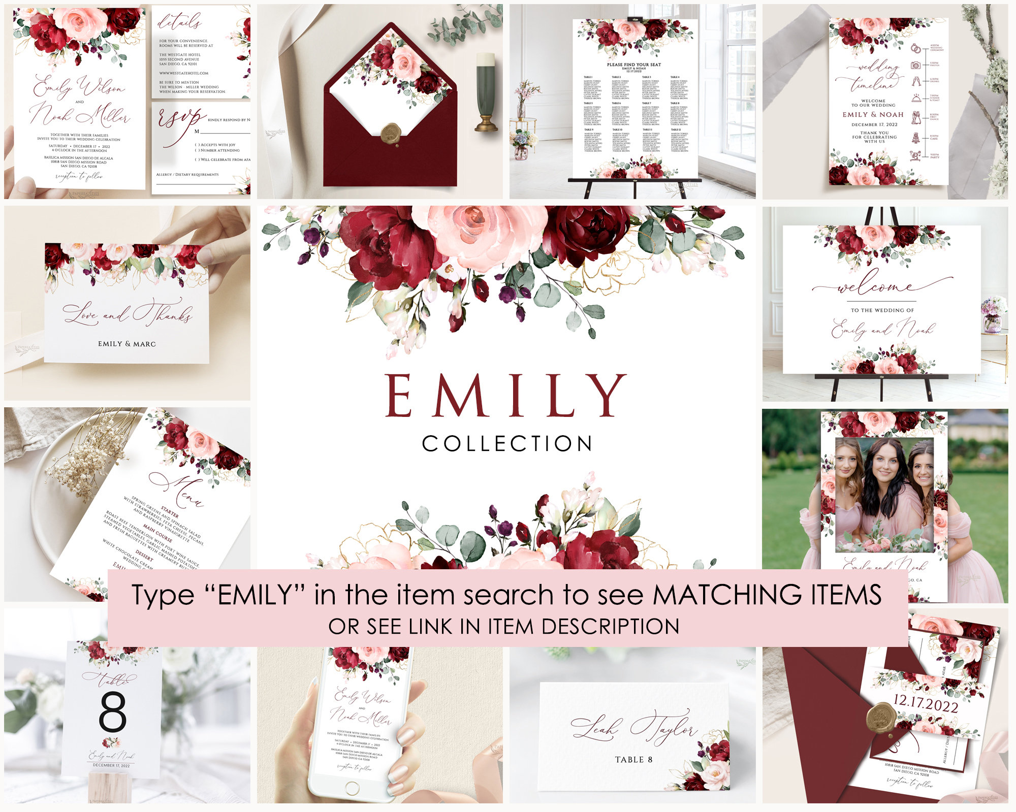 EMILY Burgundy and Blush Agenda Template Wedding Agenda | Etsy