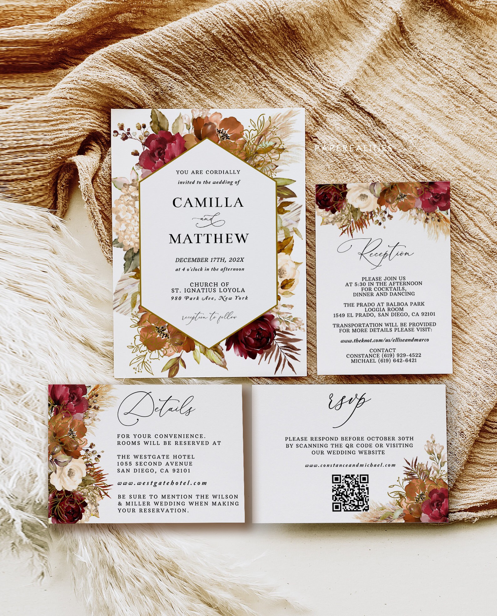 Terracotta Wedding Invitation Suite: Burgundy Floral Printable (digital ...