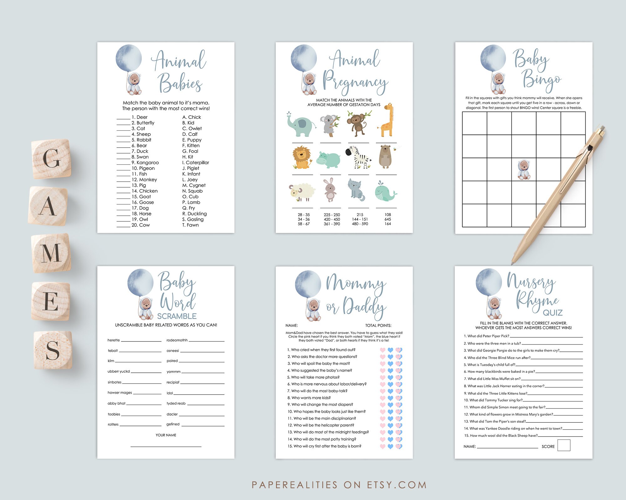 Blue Bear Balloon Baby Shower Games Template Teddy Bear Baby - Etsy