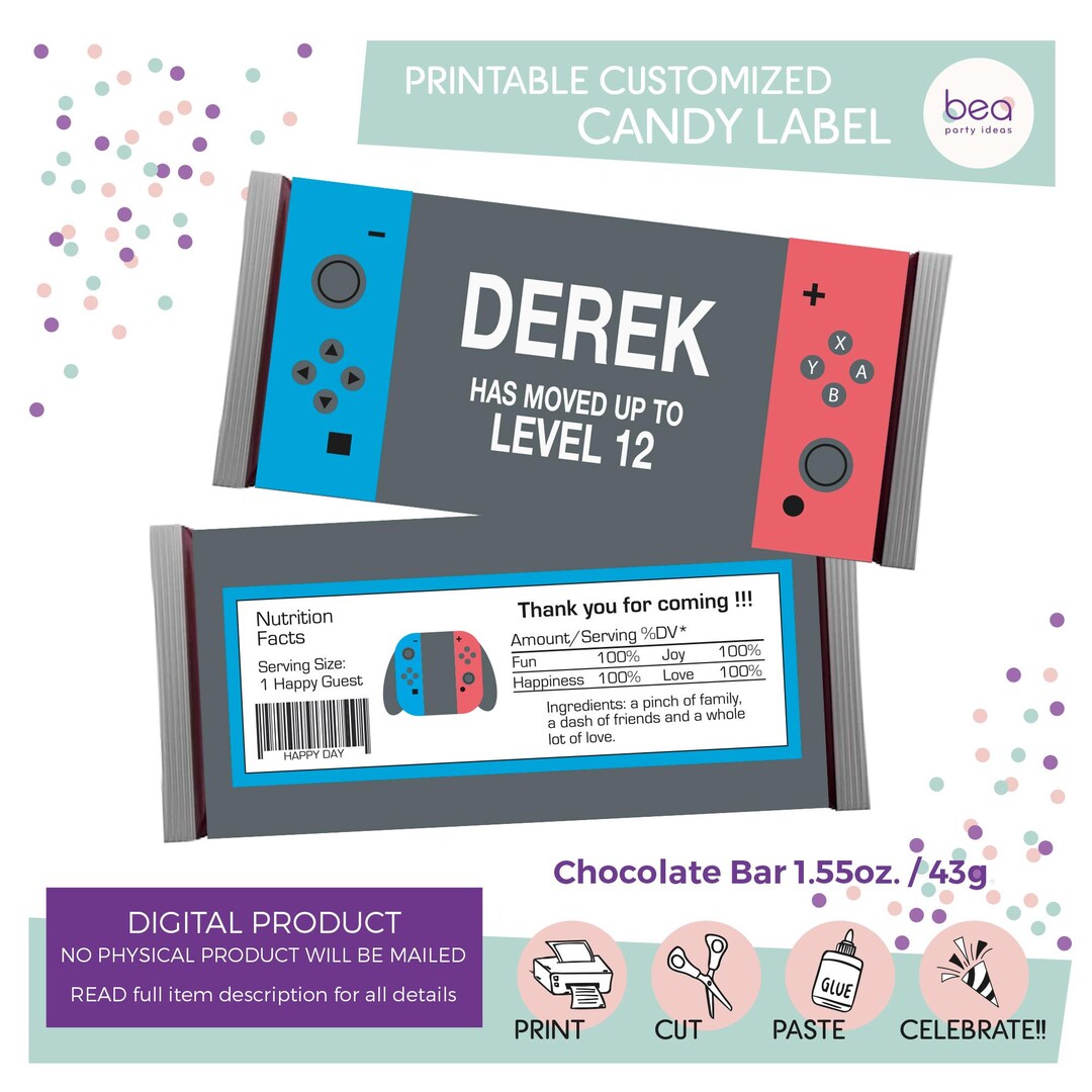 Video Gamer Chocolate Candy Bar Label Digital Printable Birthday Label ...