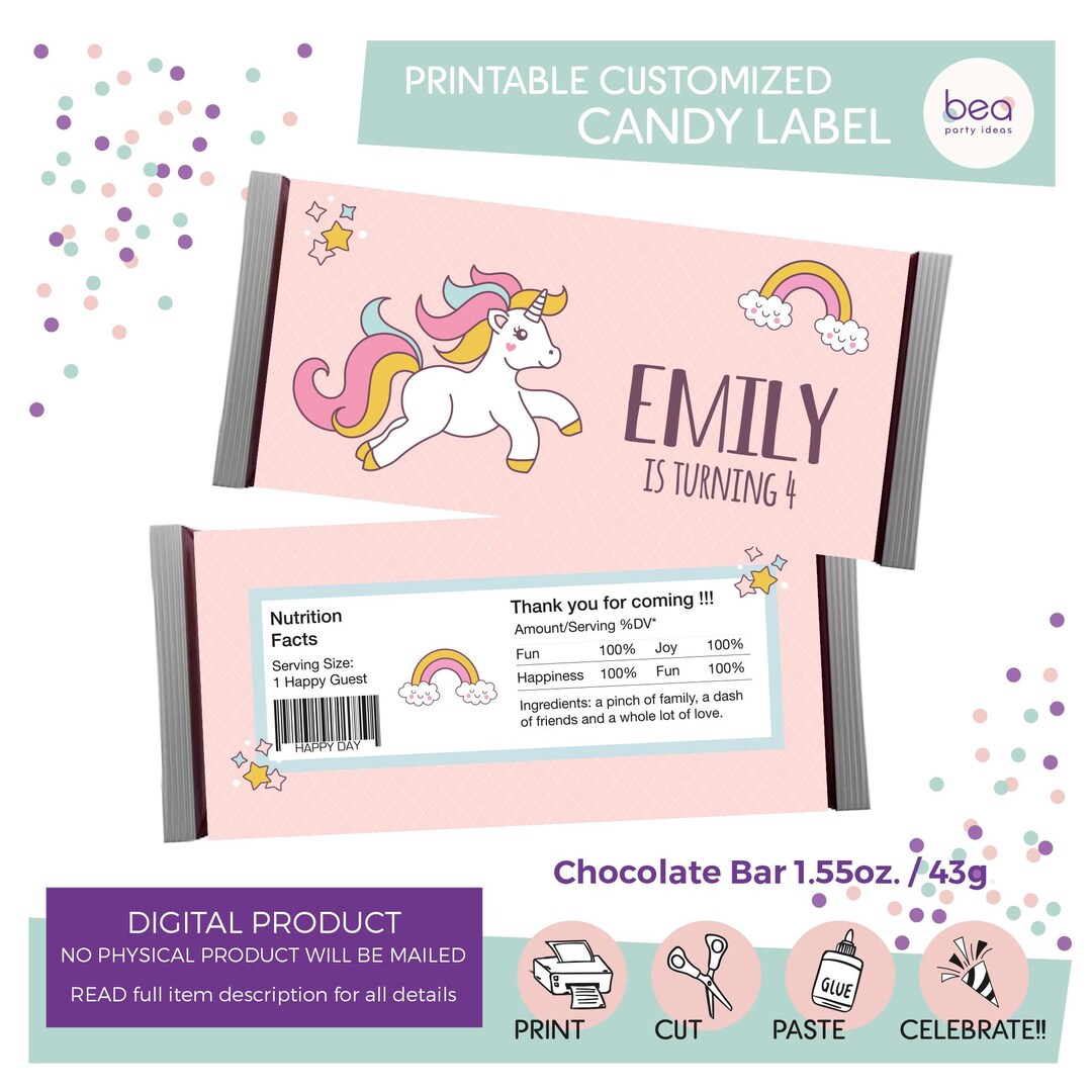 Unicorn Chocolate Candy Bar Label Printable Digital Label - Etsy