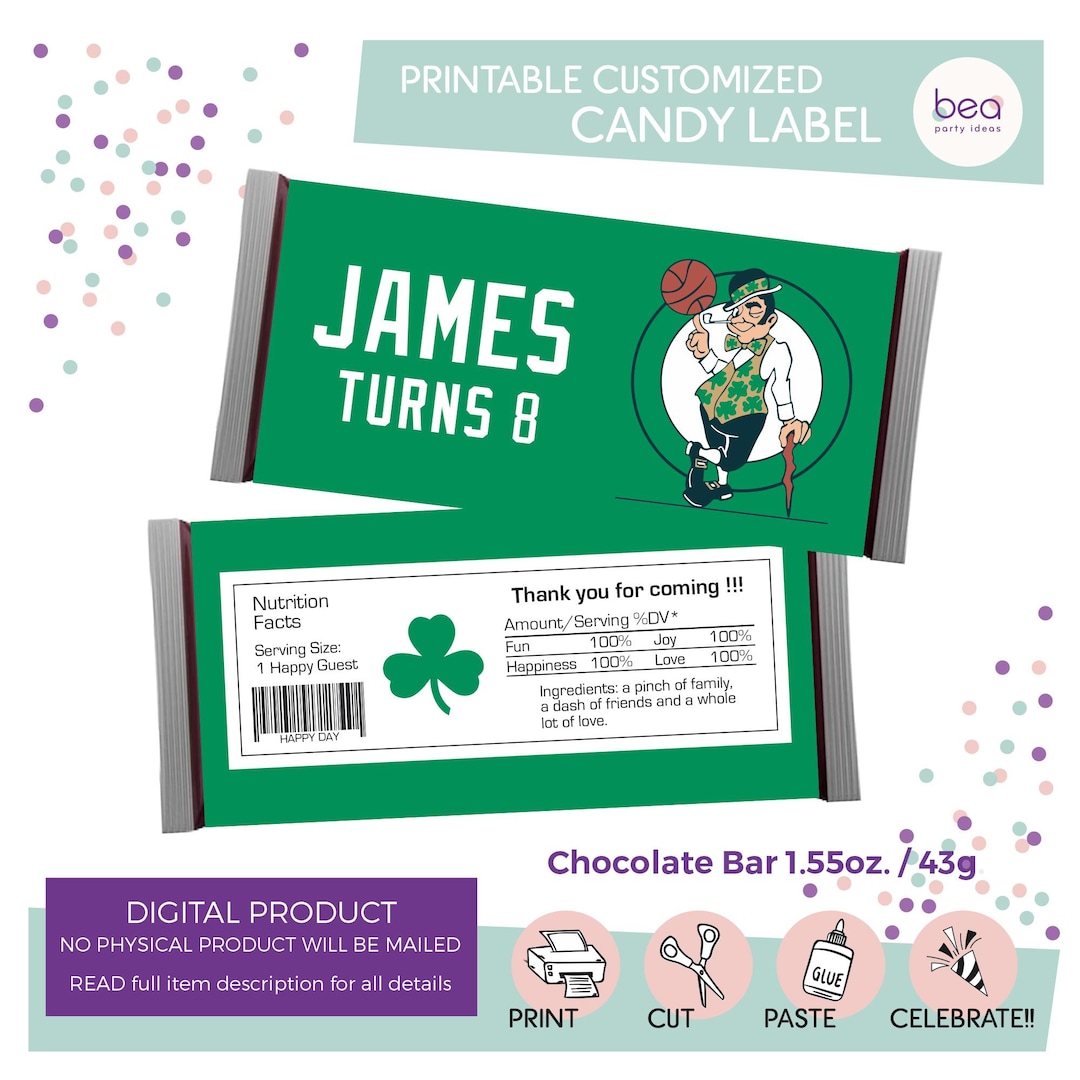Basketball Celtics Inspired Chocolate Candy Bar Label - Digital ...