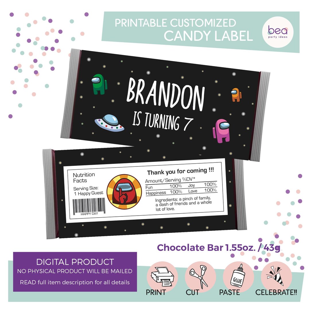 Among Us Chocolate Candy Bar Label - Digital Printable Birthday Label ...