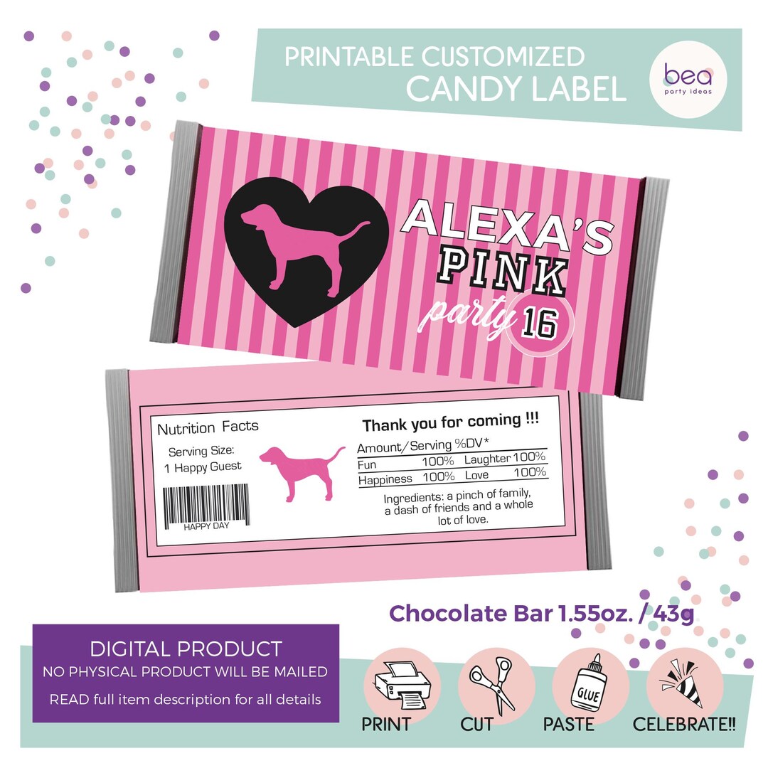 Pink Chocolate Candy Bar Label - Digital Printable Candy Label - Etsy