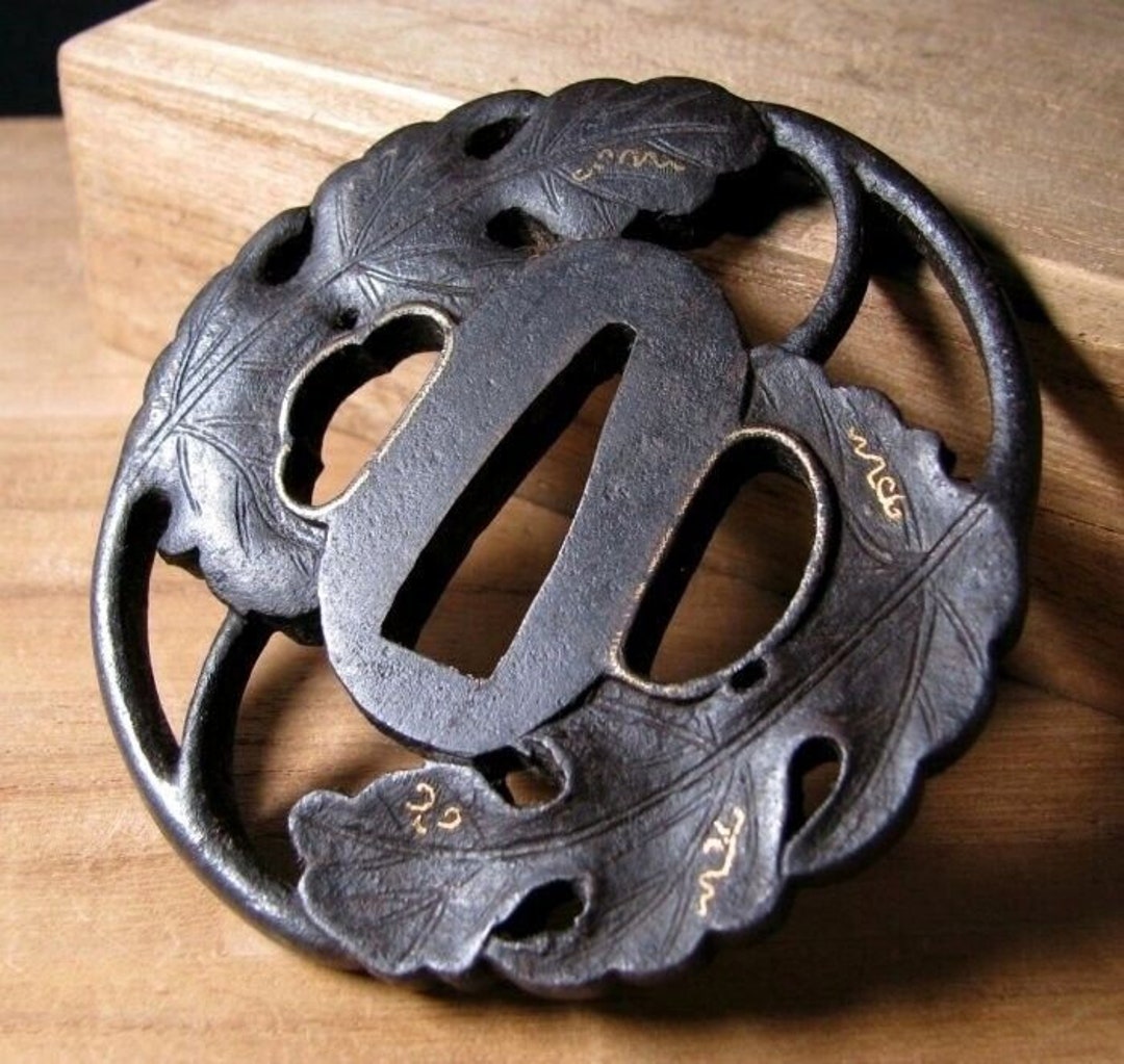 Japanese Antique Iron Tsuba, Choshu/bushu Leaf Openwork Tsuba. Edo ...