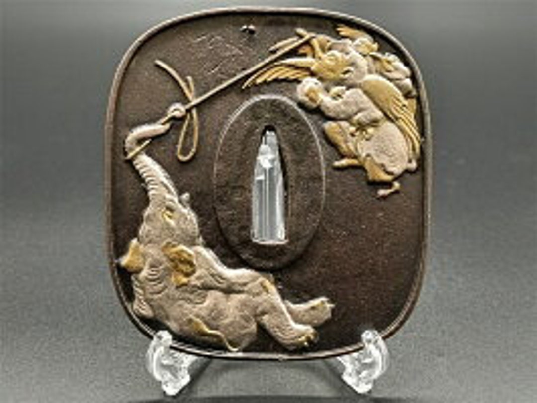 Japanese Sword Tsuba, Sword Tsuba, Elephant and Tengu Design, Copper ...