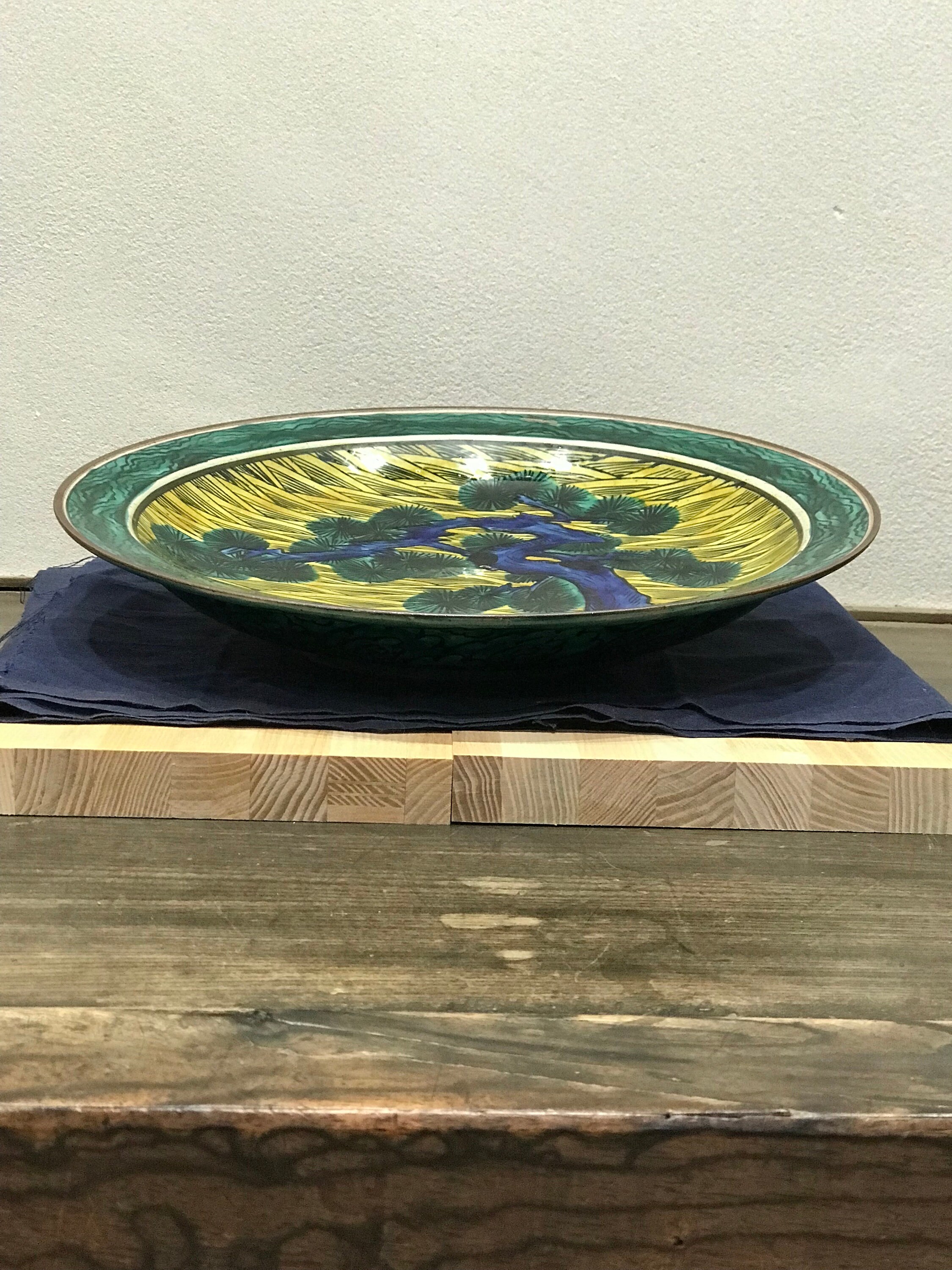 Japanese Antique Kutani Wareblue Type Large Flat Bowl With Pine ...
