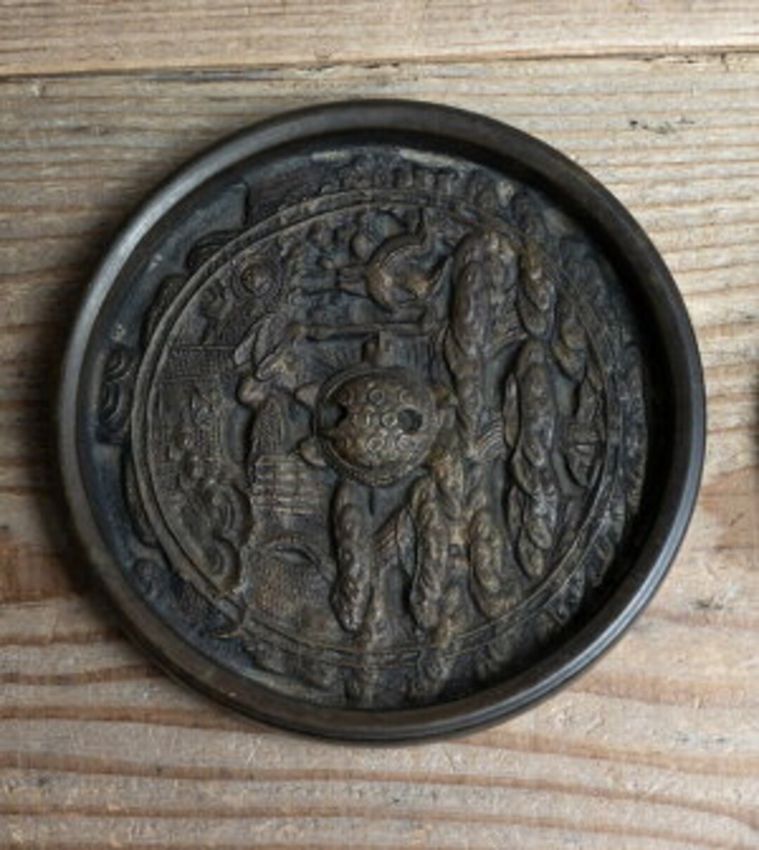 Japanese Antique Old Copper Crane Kamimatsu Pattern Round Mirror Edo ...