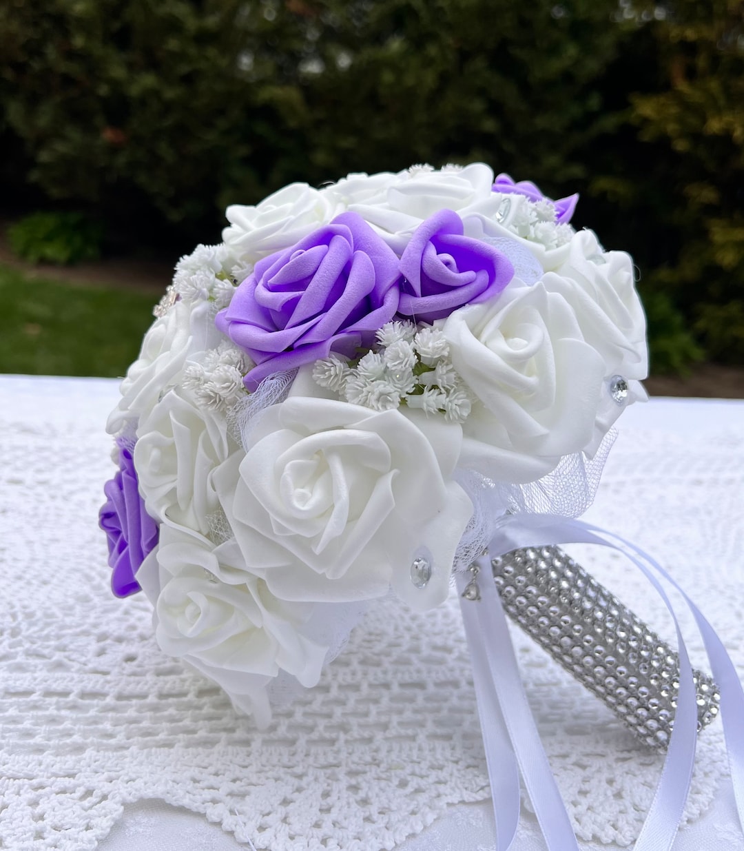 Holy Communion Bouquet, Purple and White, 9 In, Rhinestones, Bling ...