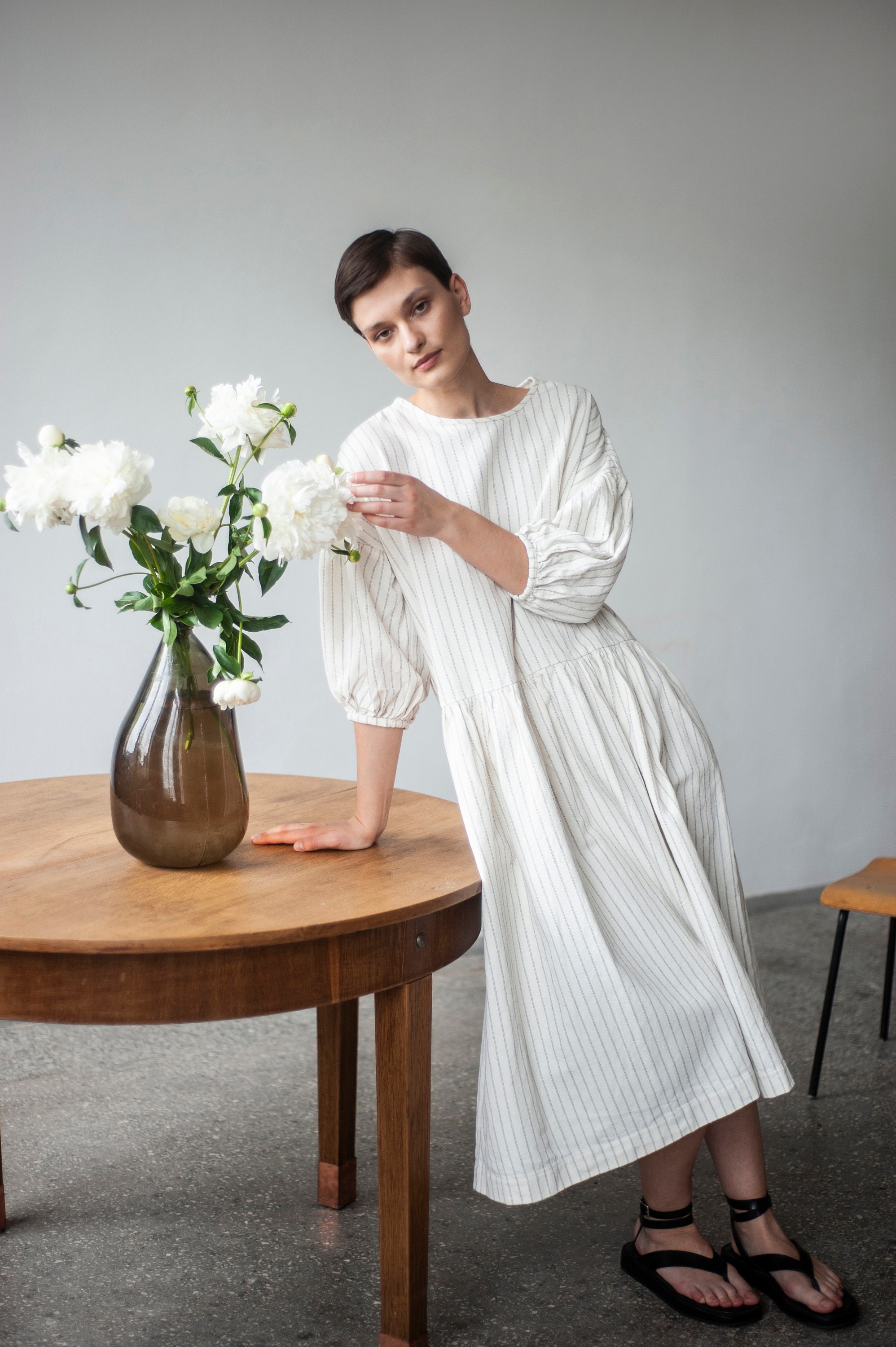 Striped Cotton Long Dress, Loose Fit Sundress, Dress With Stripes, Puff ...