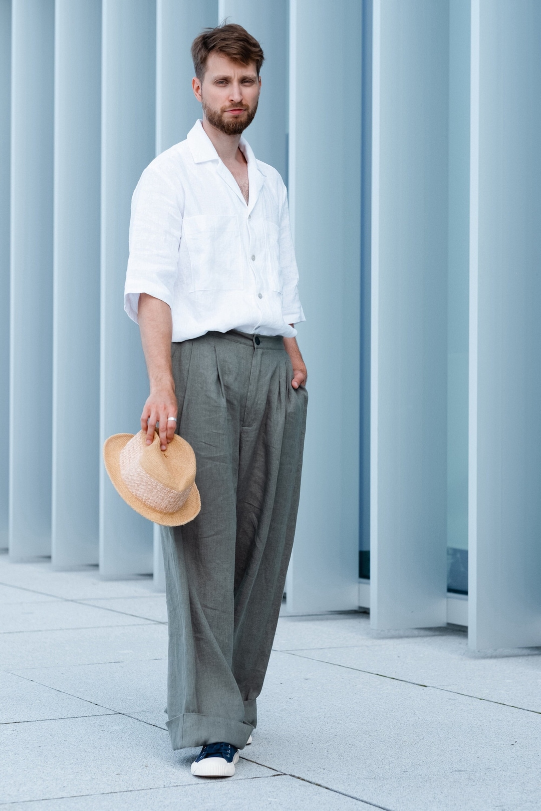 Loose Wide Leg Olive Green Men's Linen Pants With Pockets and Rubber ...