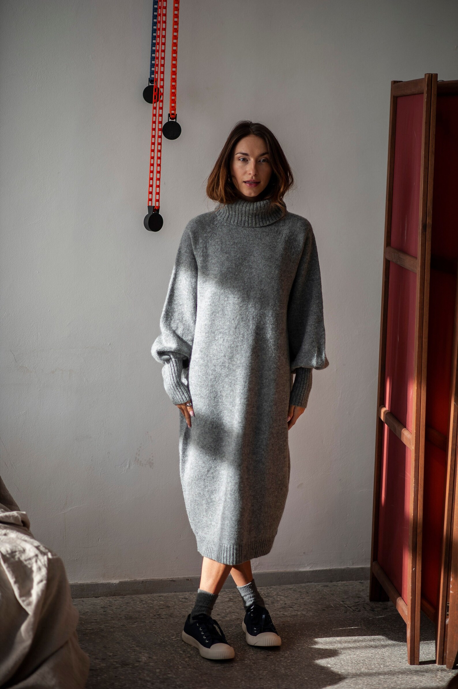 Grey Knitted Wool Dress With Puff Sleeves, Merino Wool Sweater Dress ...