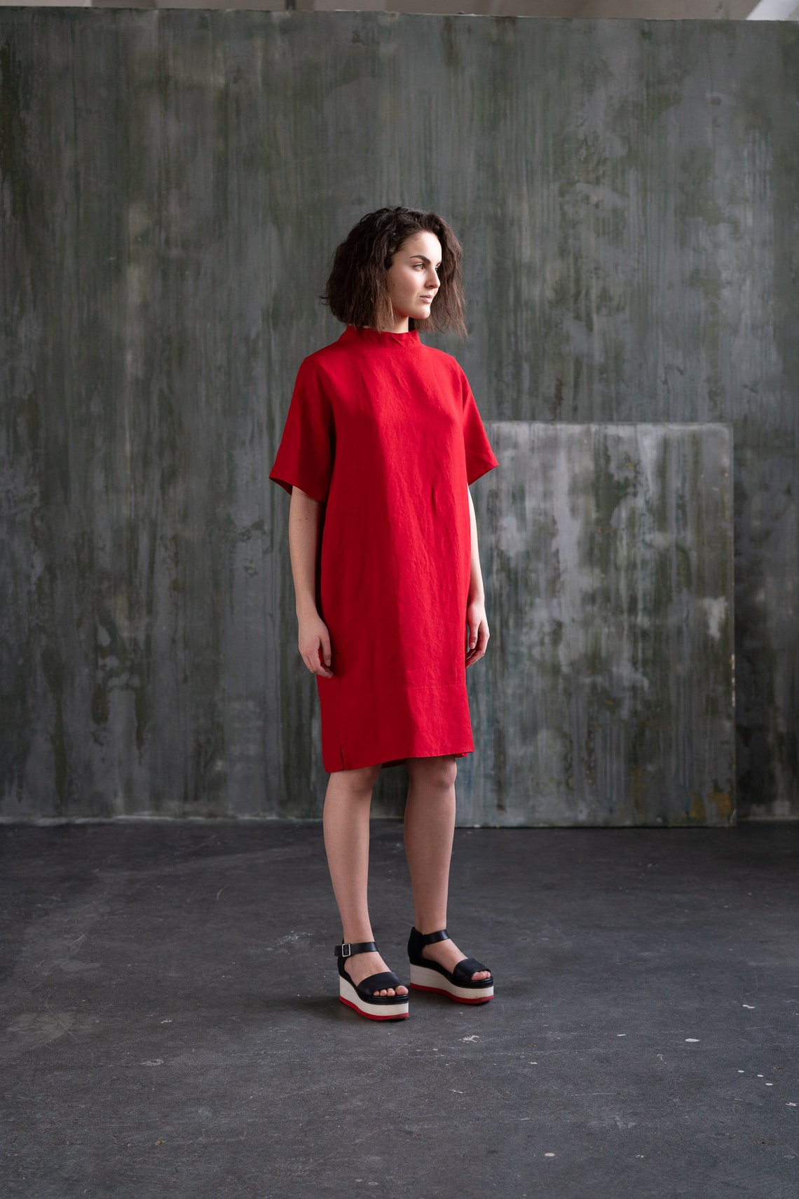 Relaxed Fit Linen Dress With Pockets, Short Sleeve Linen Tunic Dress ...