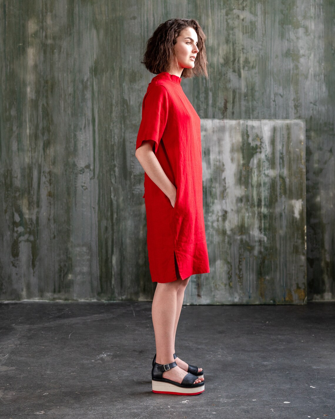 Relaxed Fit Linen Dress With Pockets, Short Sleeve Linen Tunic Dress ...
