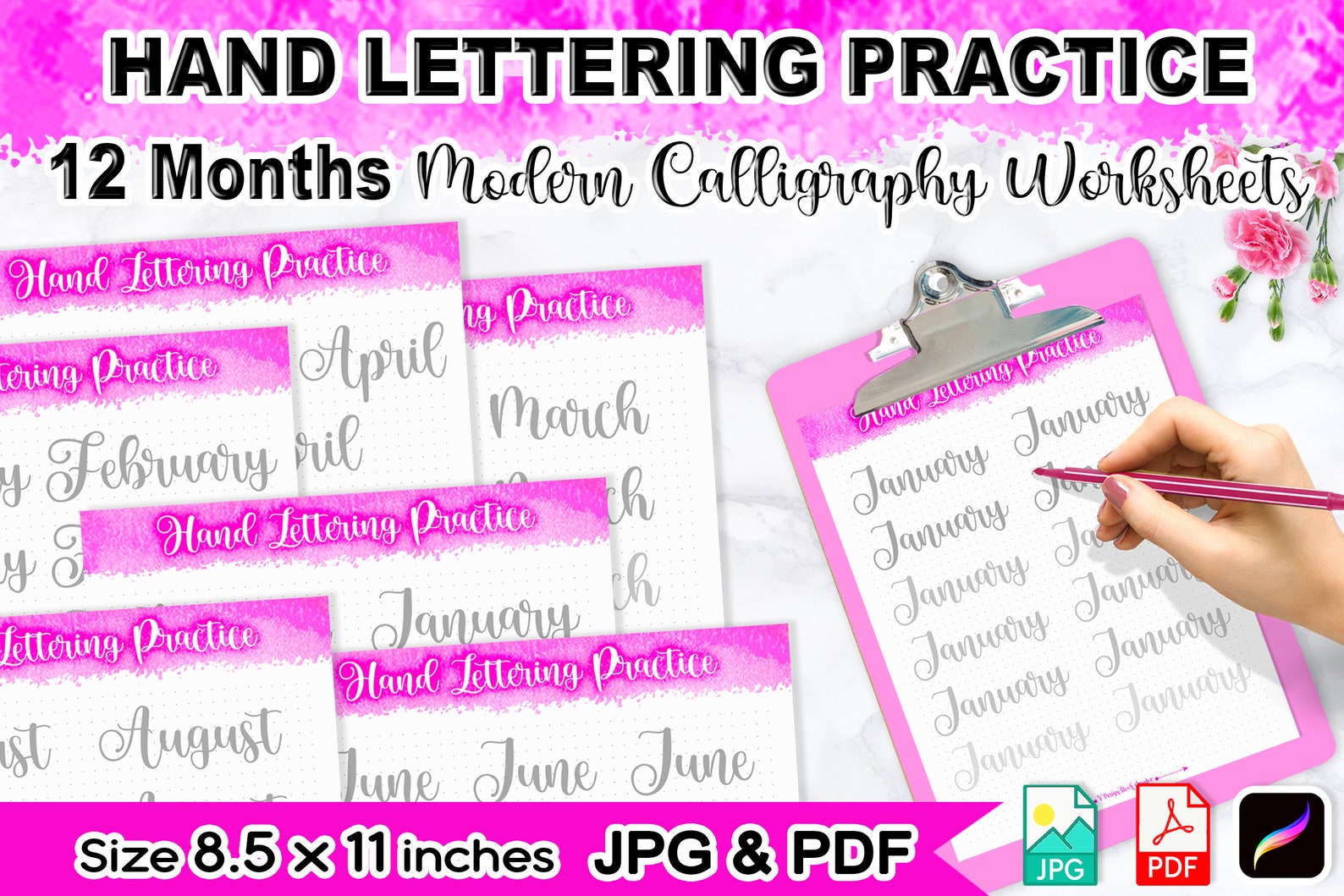 12 Months January to December Hand-lettering Practice Sheets Sweet ...