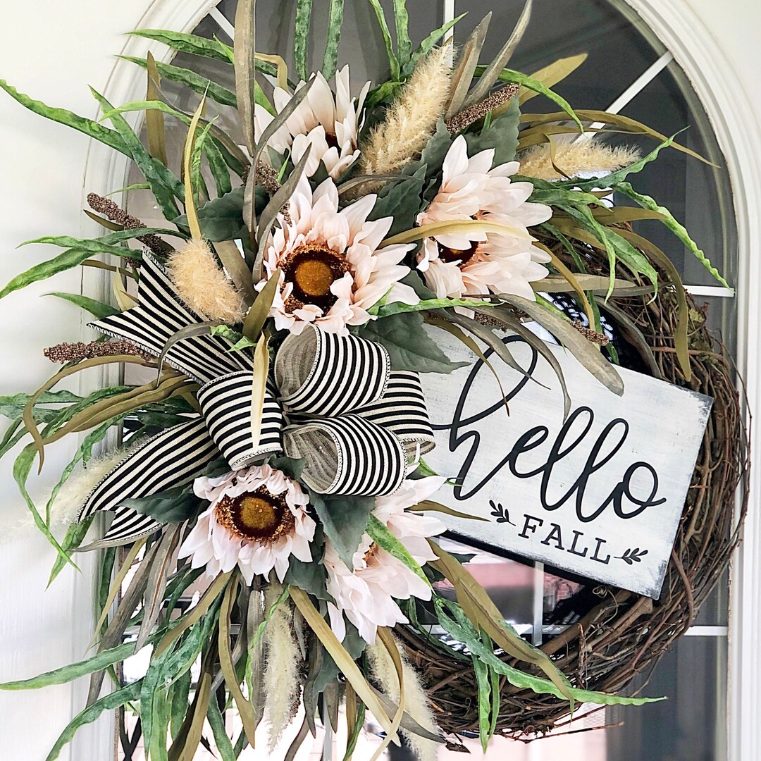 Fall Wreath Sunflower Wreath Hello Fall Sign Neutral Sunflowers ...