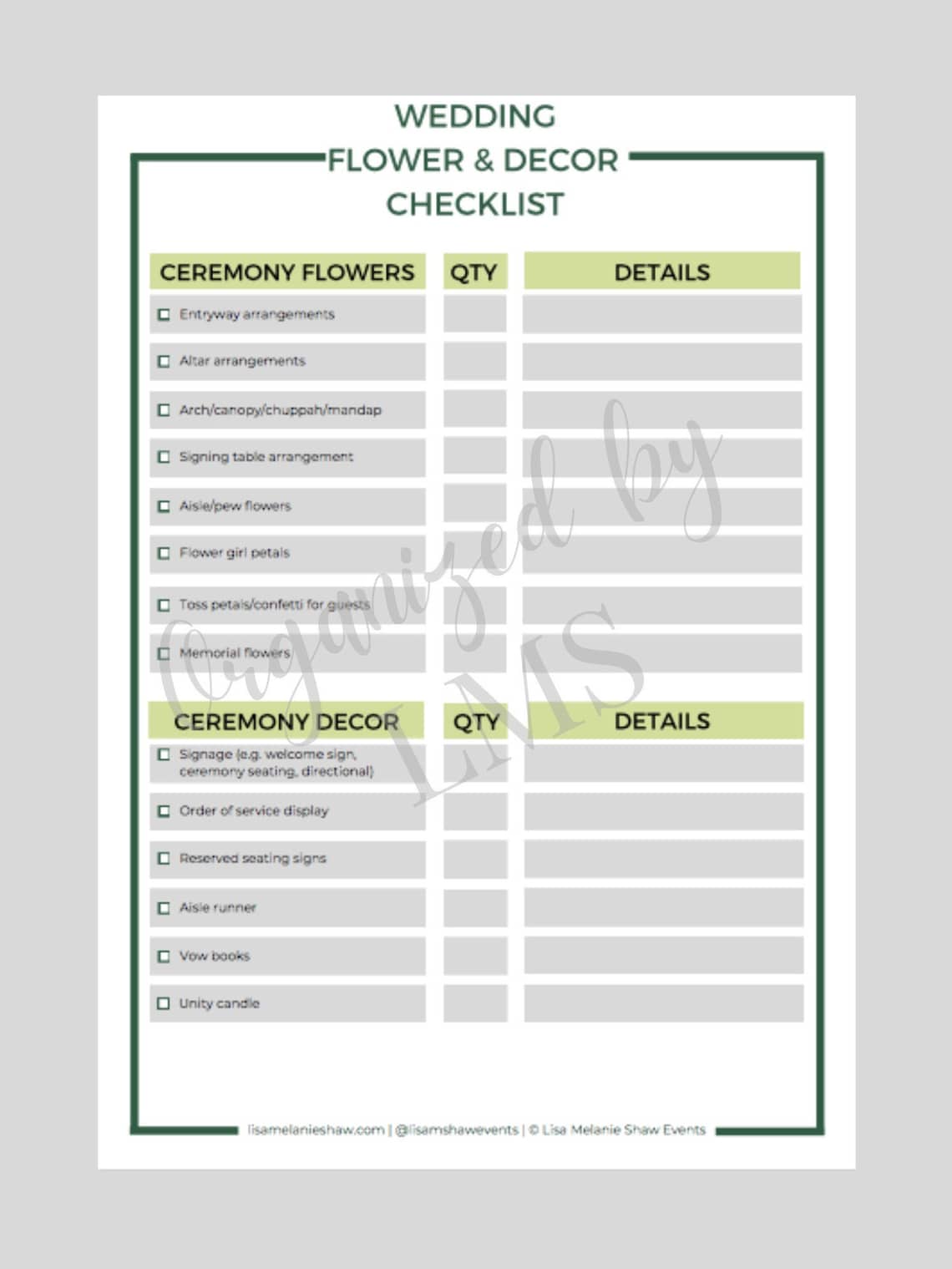 Wedding Flower & Decor Checklist - Green - Etsy