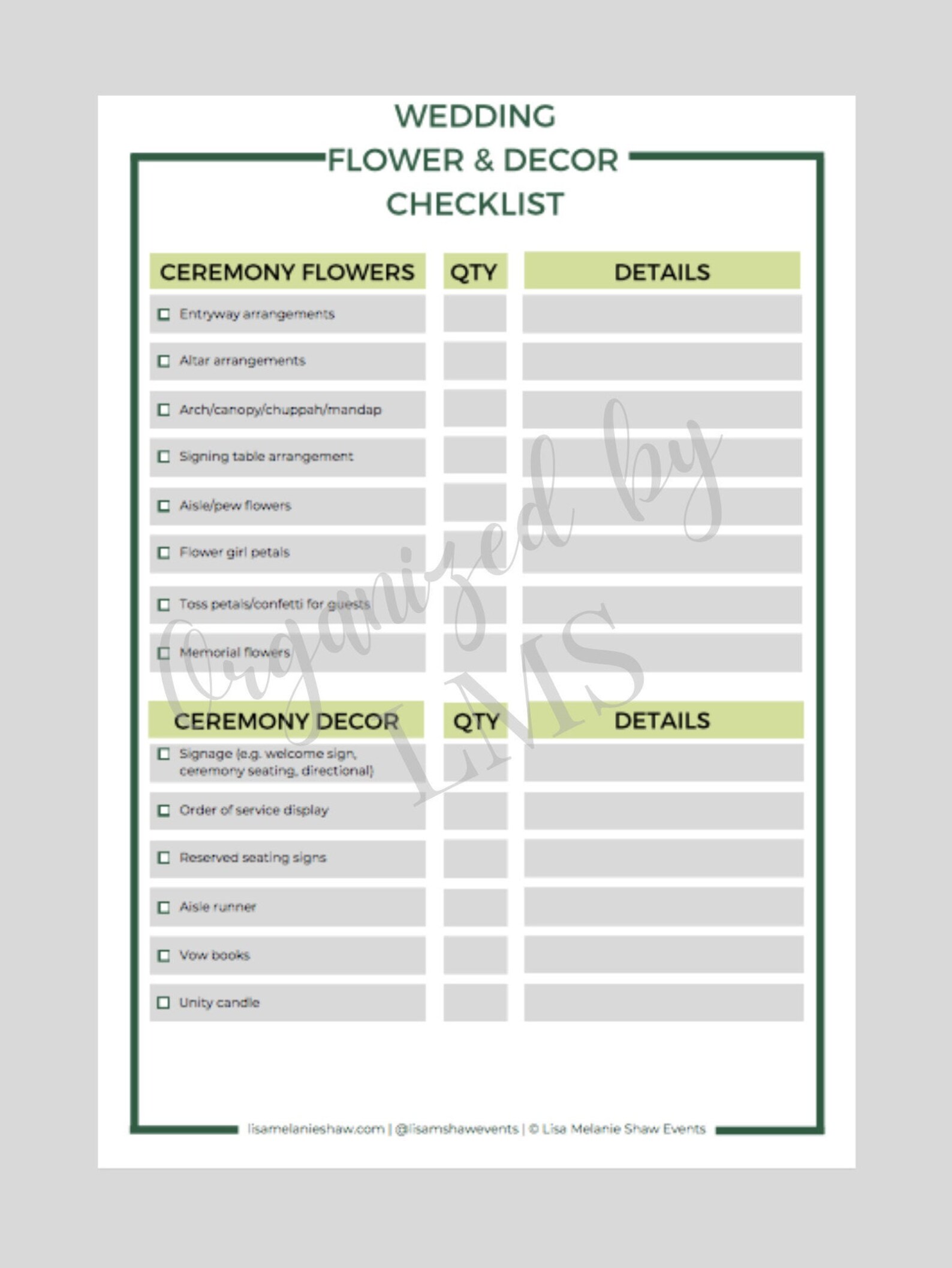Wedding Flower & Decor Checklist - Green - Etsy