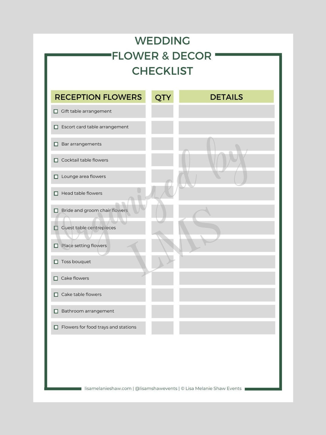 Wedding Flower & Decor Checklist - Green - Etsy