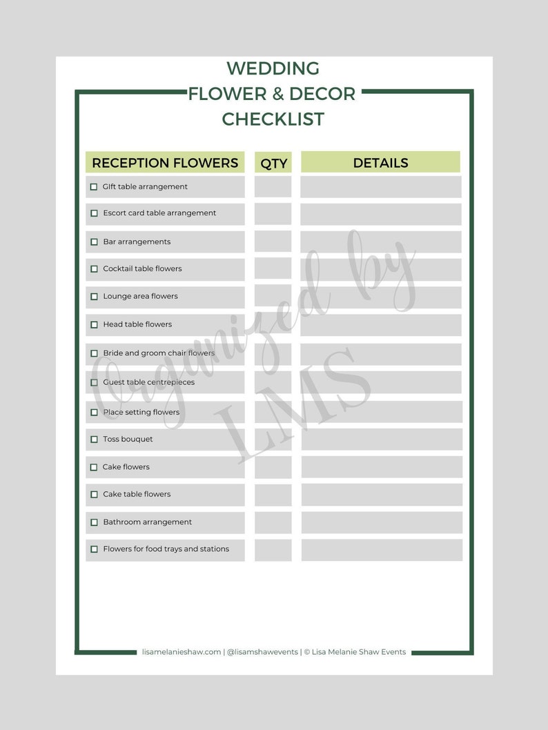 Wedding Flower & Decor Checklist - Green - Etsy