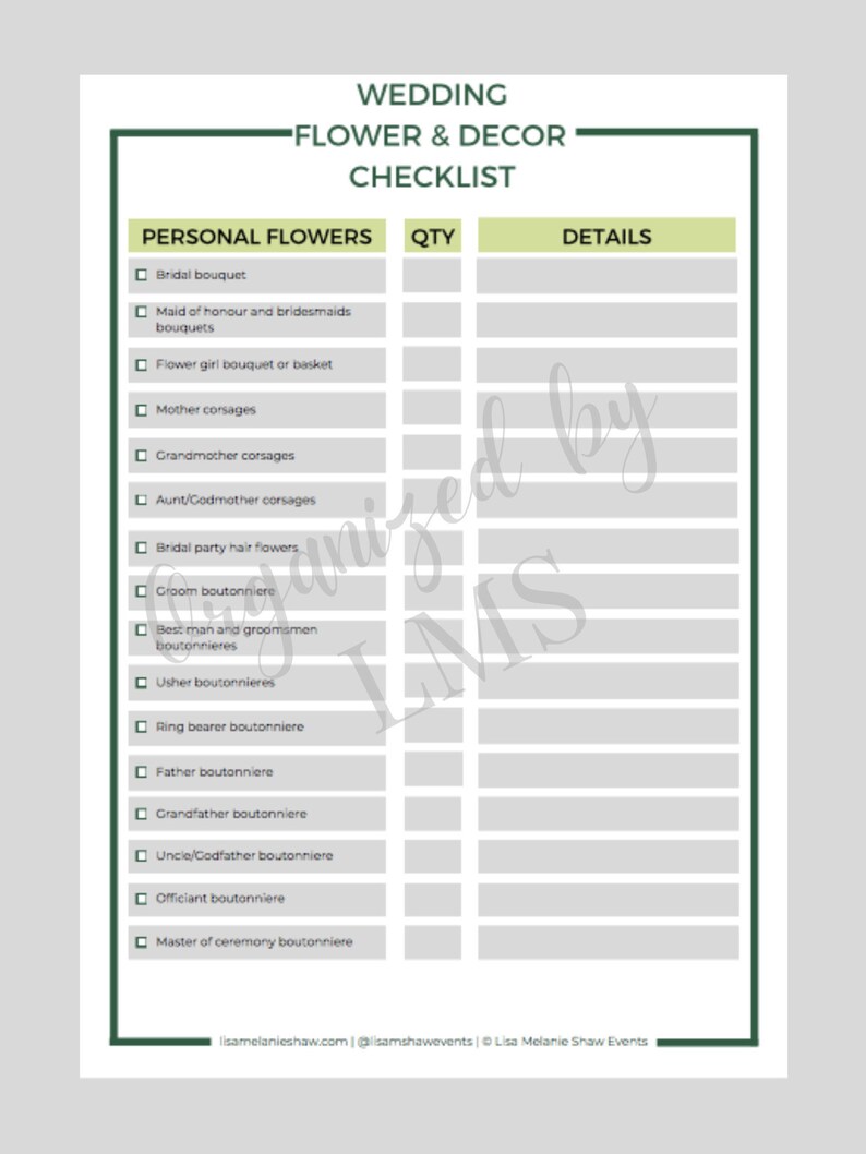 Wedding Flower & Decor Checklist - Green - Etsy