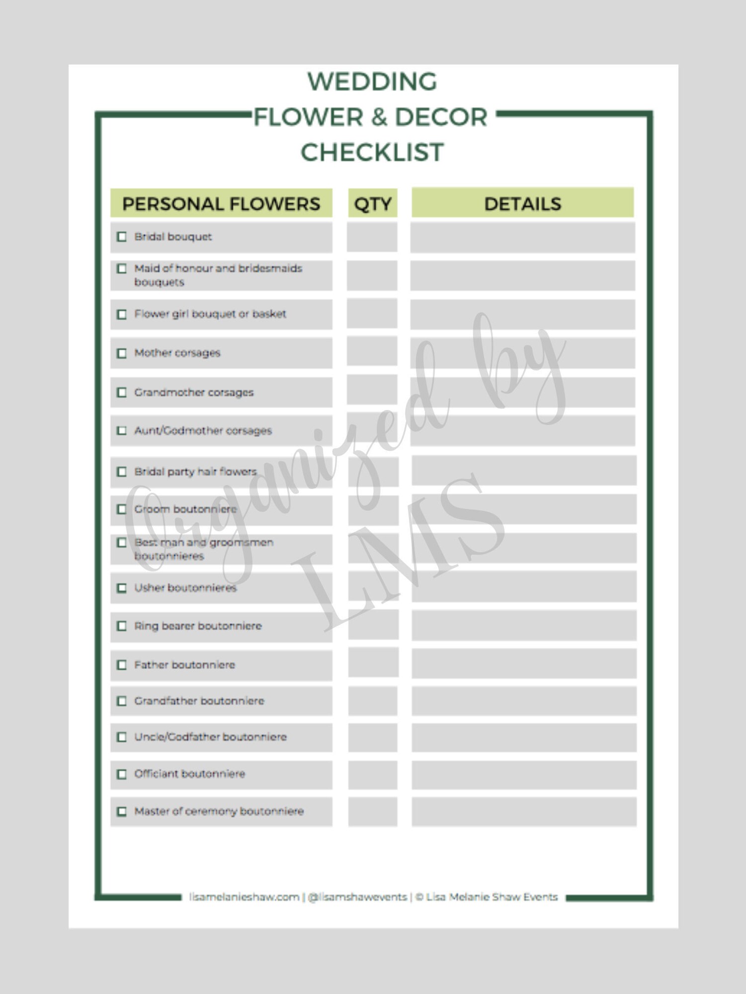 Wedding Flower & Decor Checklist - Green - Etsy