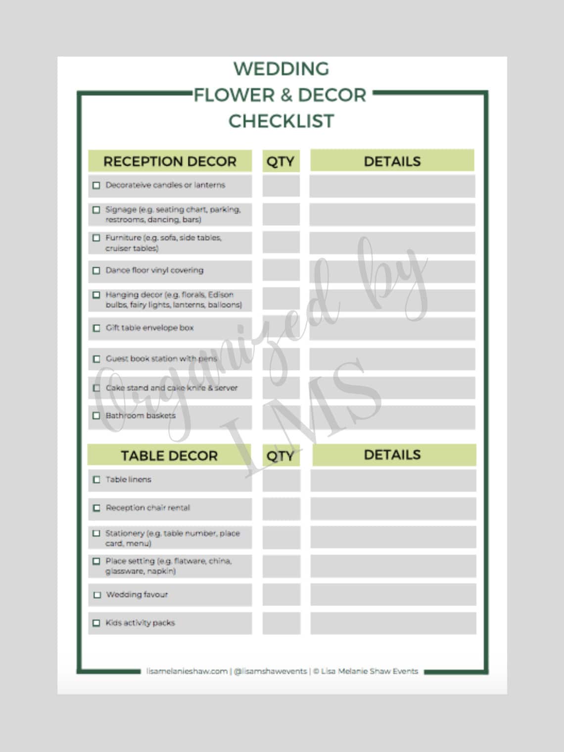 Wedding Flower & Decor Checklist Green - Etsy