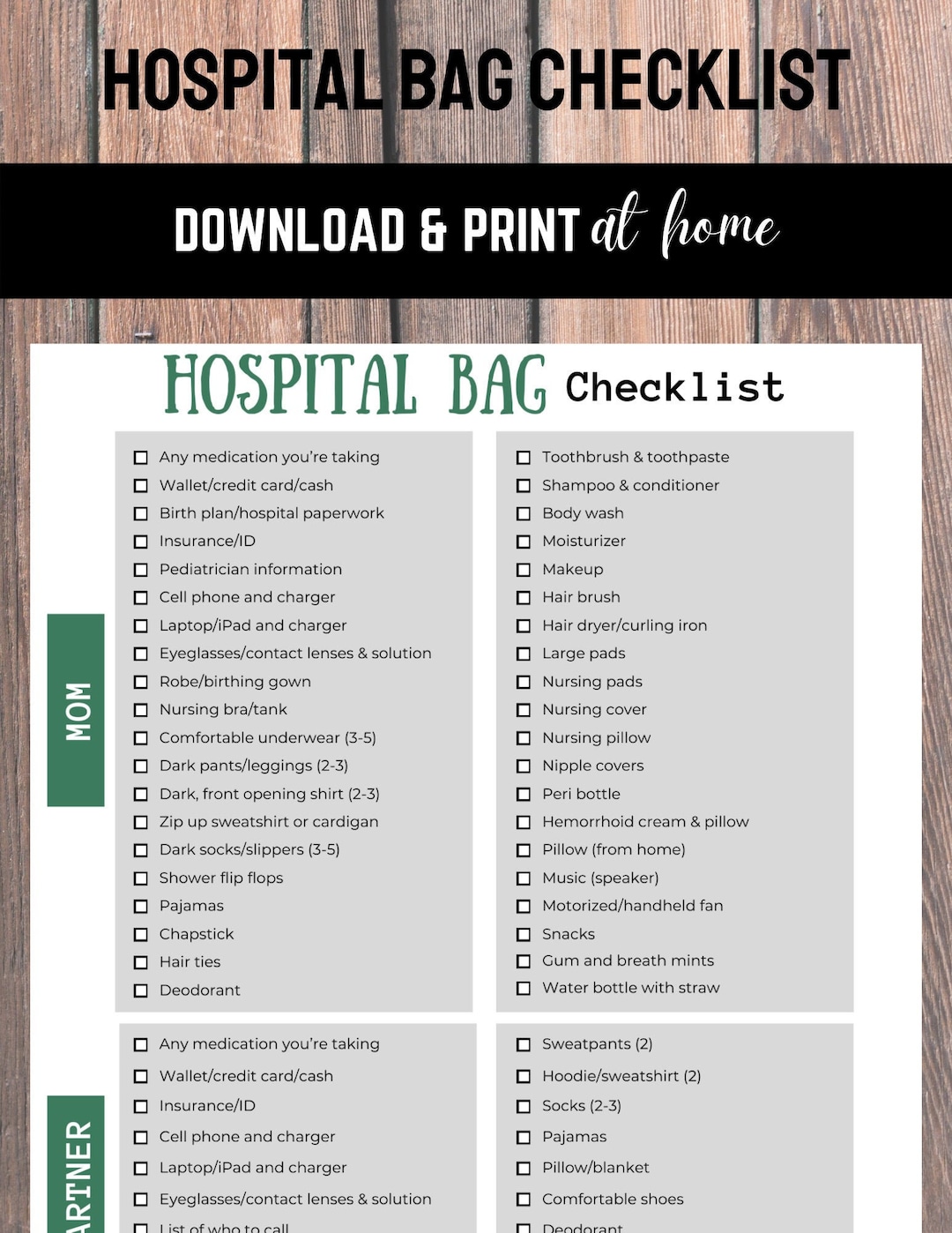 Hospital Bag Checklist Green Etsy UK