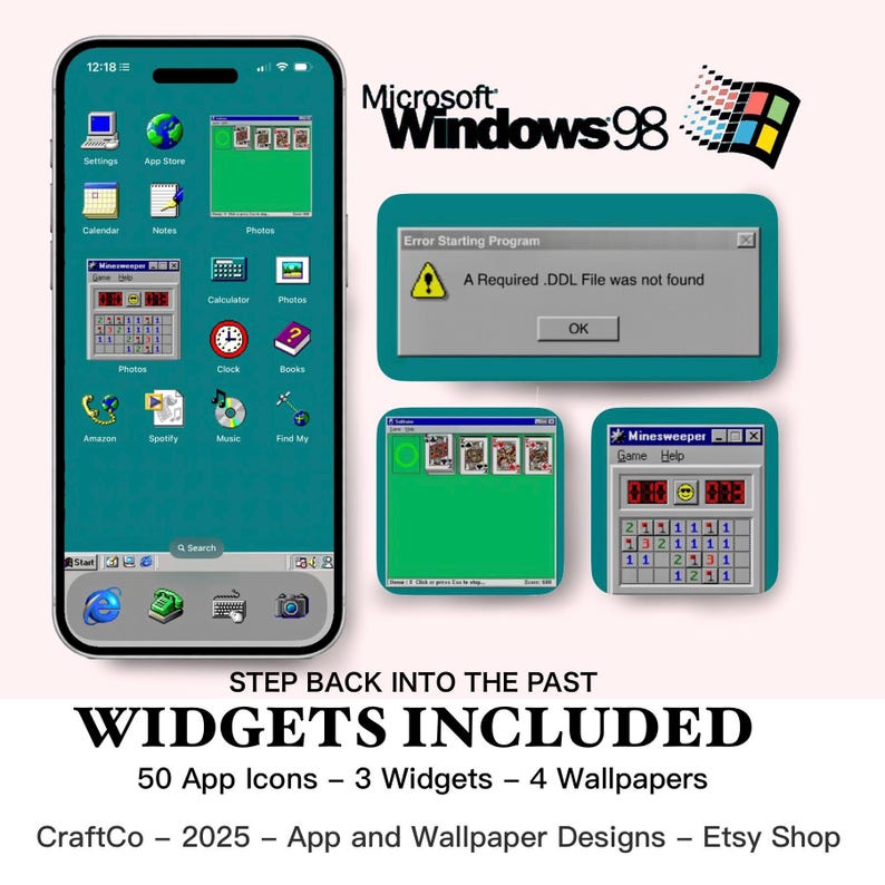 Windows 98 Phone Aesthetic Icons & Backgrounds Pack | Retro Icons ...