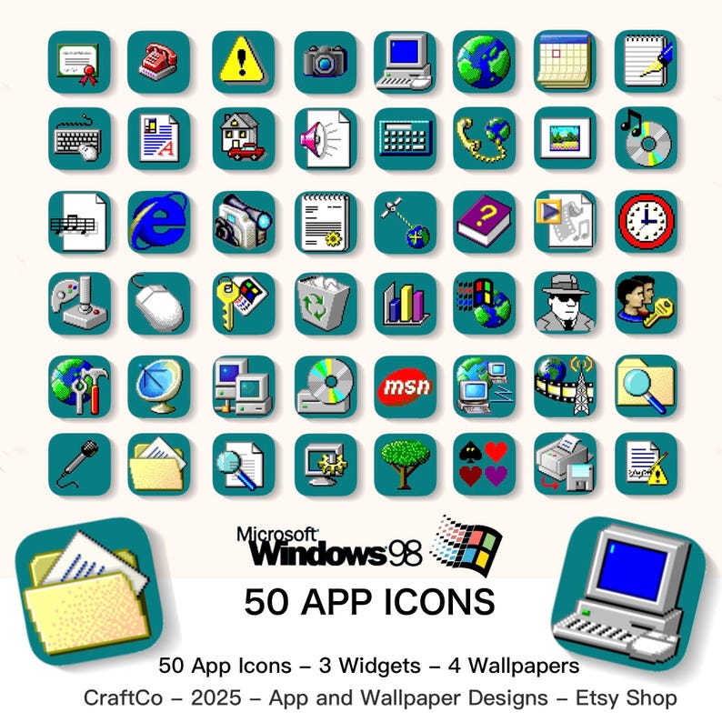 Windows 98/XP App Icons Pack | Retro Cozy Y2K Phone Customization ...