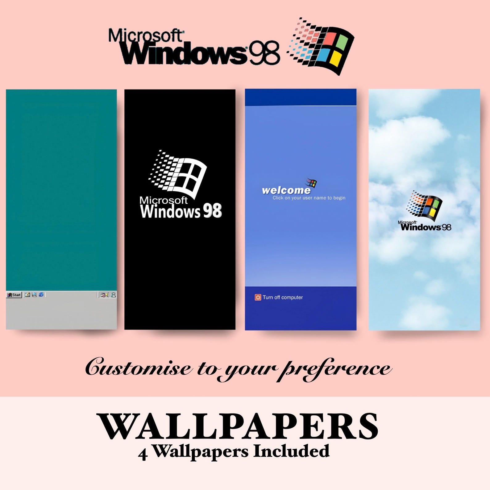 Windows 98 Phone Aesthetic Icons & Backgrounds Pack | Retro Icons ...