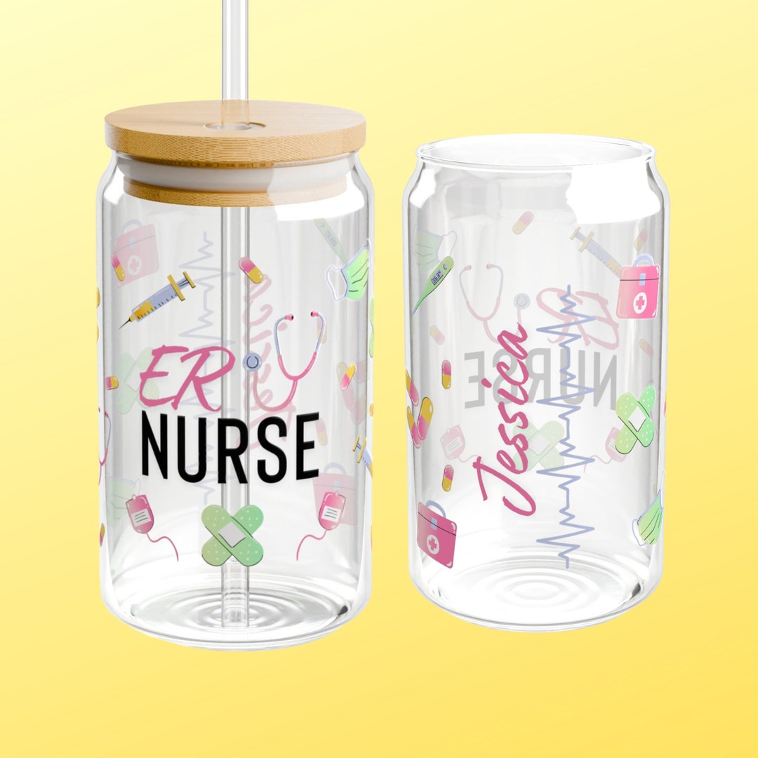 Custom Name ER Nurse Pink Green Glass Tumbler, ER Nurse Gift, Nurse ...