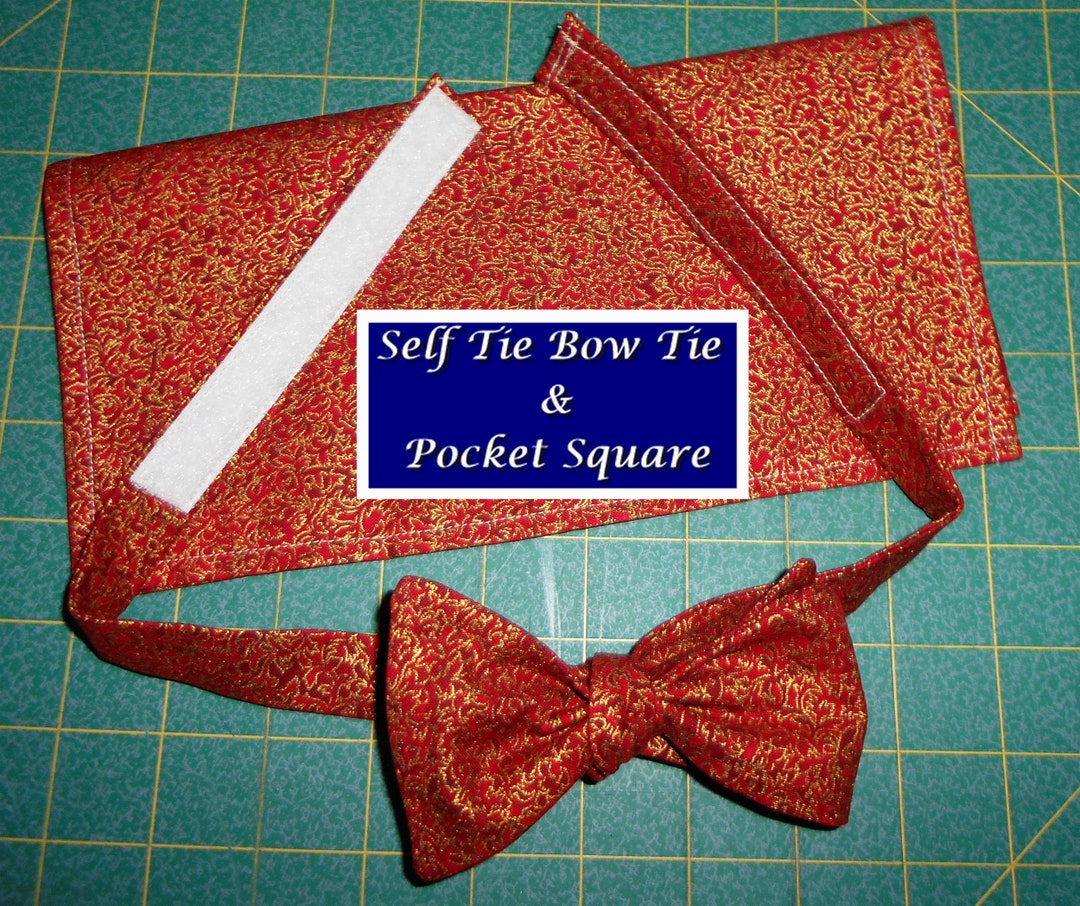 Crimson Red/gold Metallic Mini Scroll Self Tie Bow Tie & Pocket Square ...