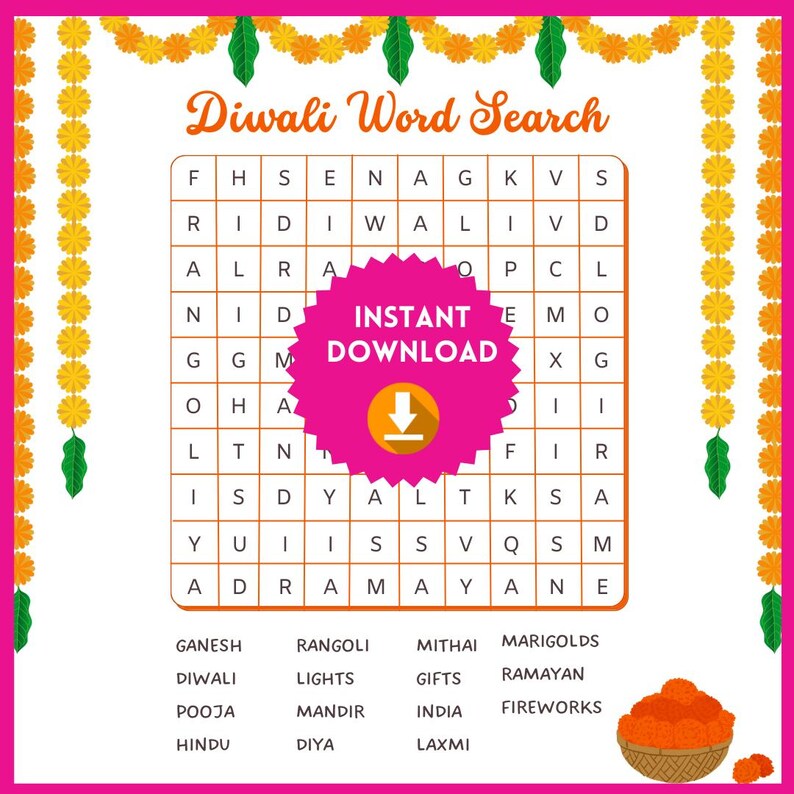 Diwali Word Search Activity for Kids Ages 5+, Digital Download ...