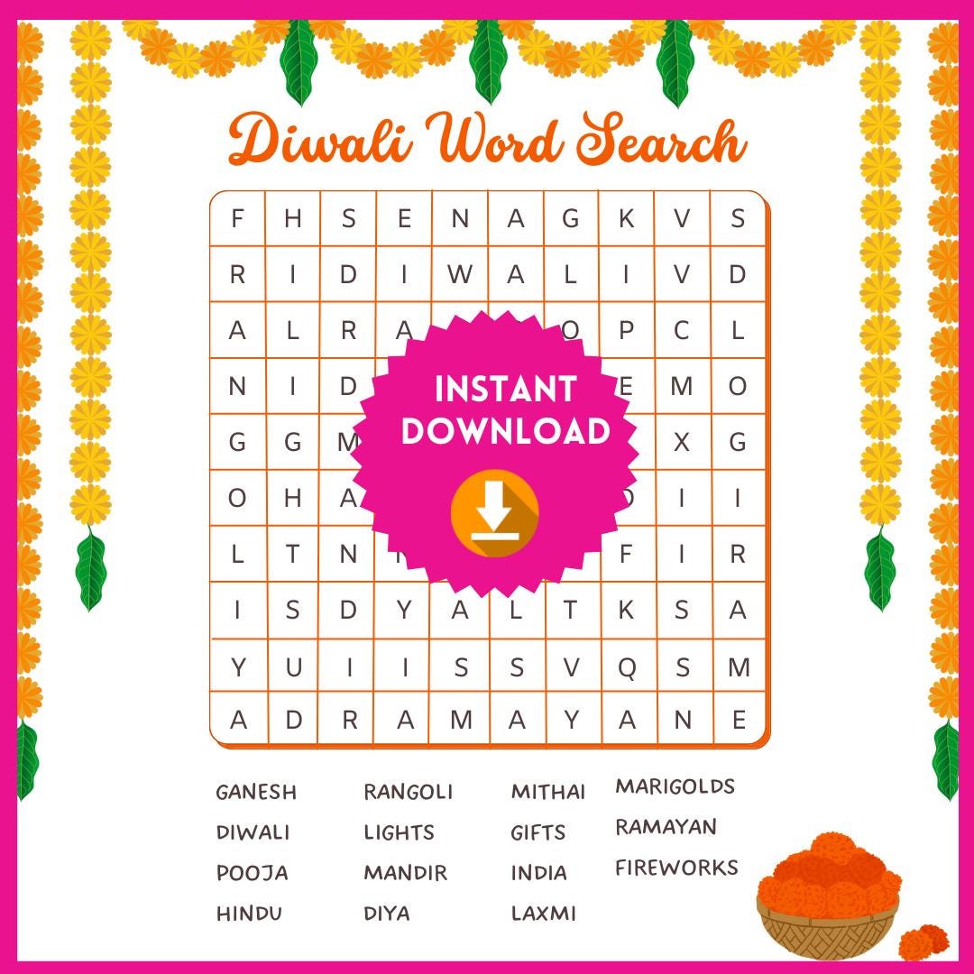 Diwali Word Search Activity for Kids Ages 5+, Digital Download ...