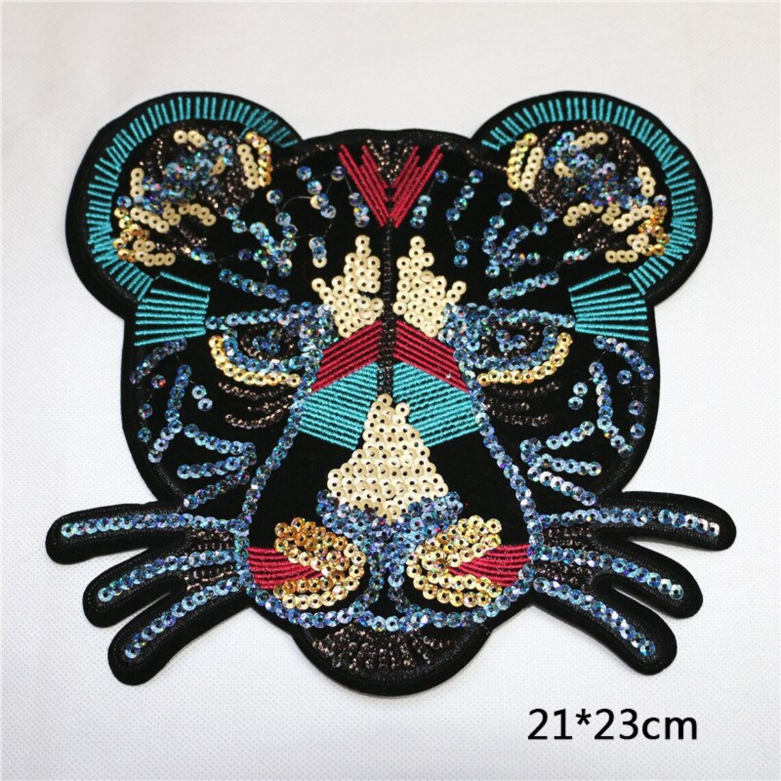 Leopard Head Cloth Patch Large Bead Applique Embroidery Sew-on T-shirt ...