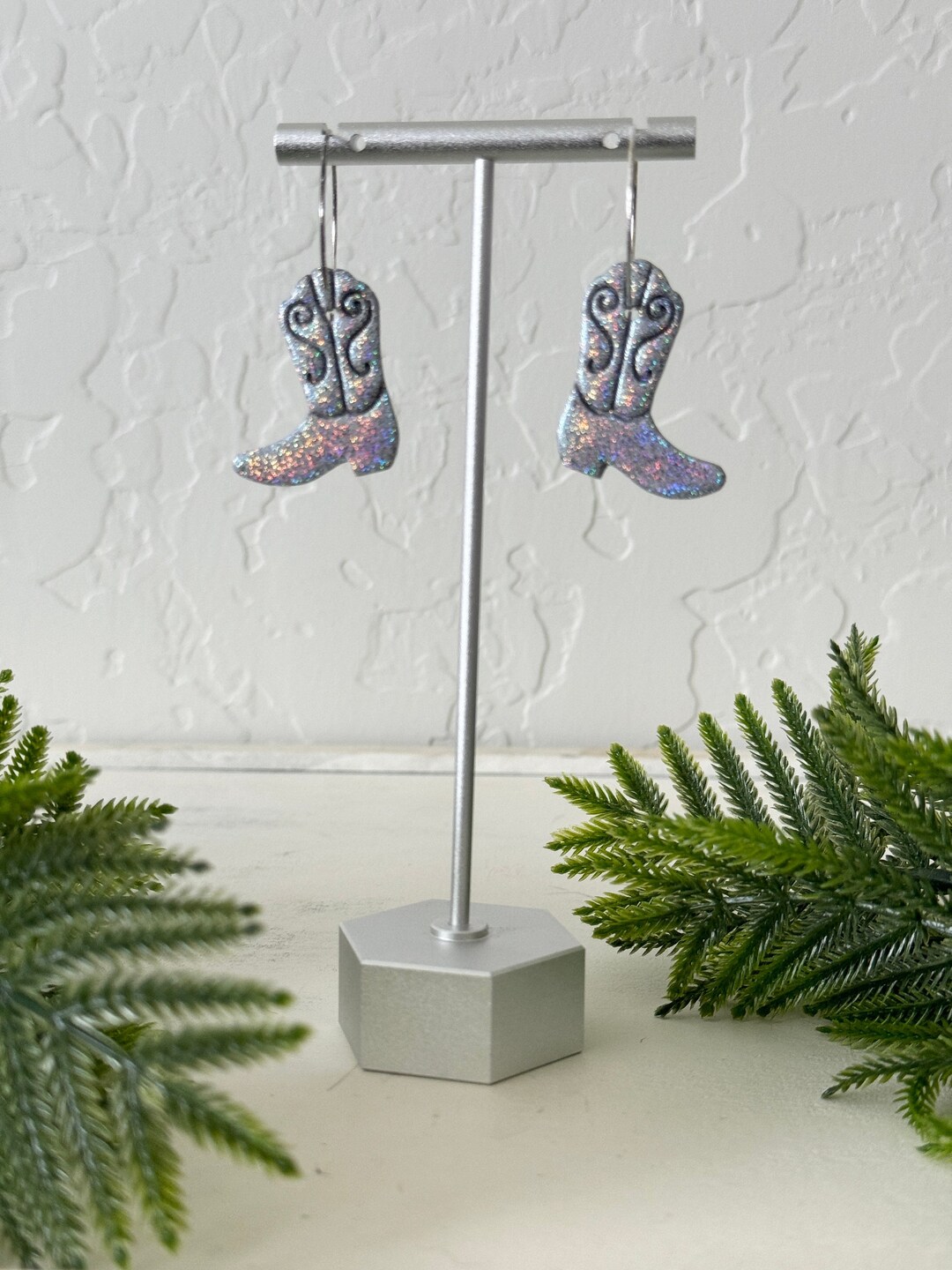 Cowgirl Boot Earrings, Silver Glitter Earrings, Cowboy Boot Earrings ...