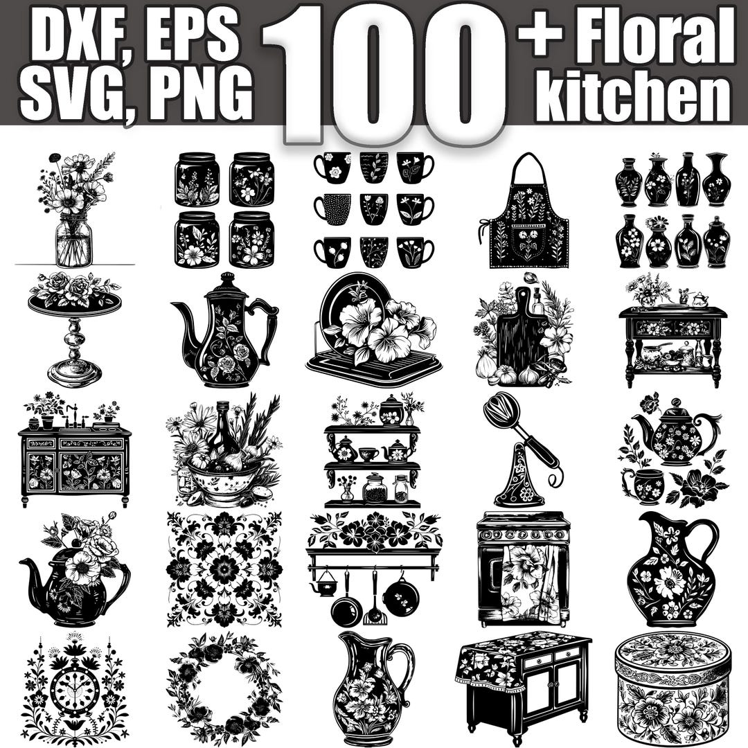 Floral Vintage Kitchen SVG Bundle, Set of 100, Instant Digital Download ...