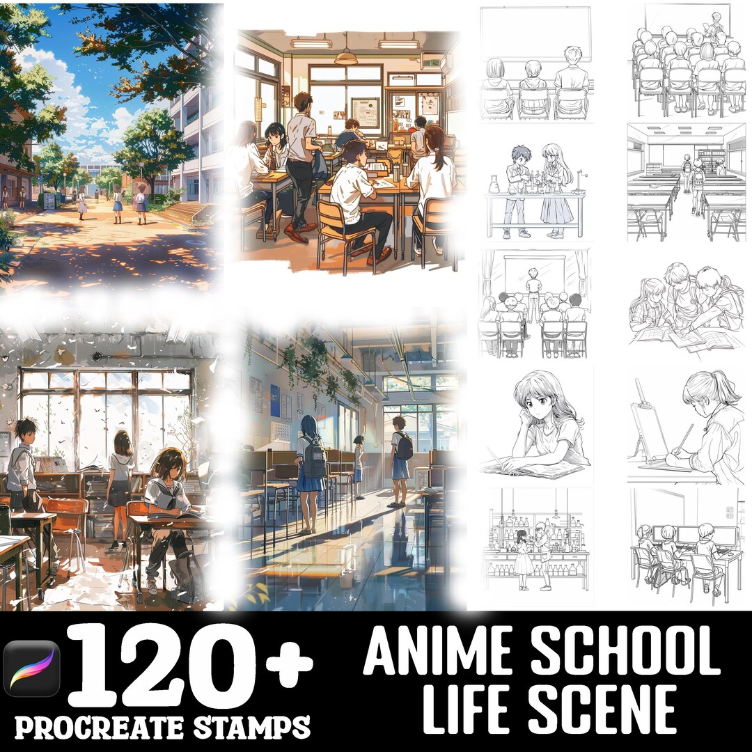 150+ Anime School Life Scene Procreate Brush Set | Stamps for Procreate ...