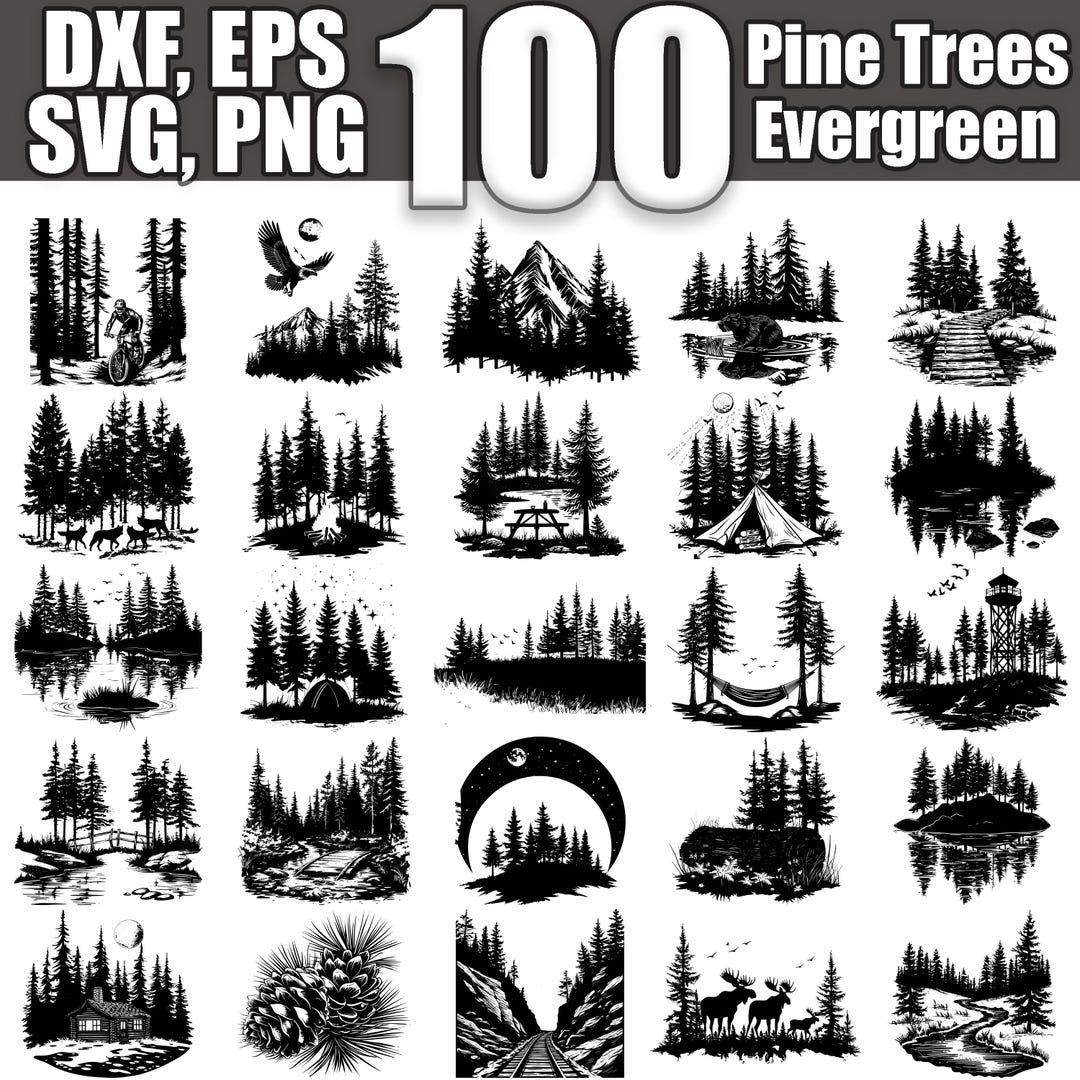 Pine Trees & Evergreen Forest SVG Bundle: 100 Woodland Designs (digital ...