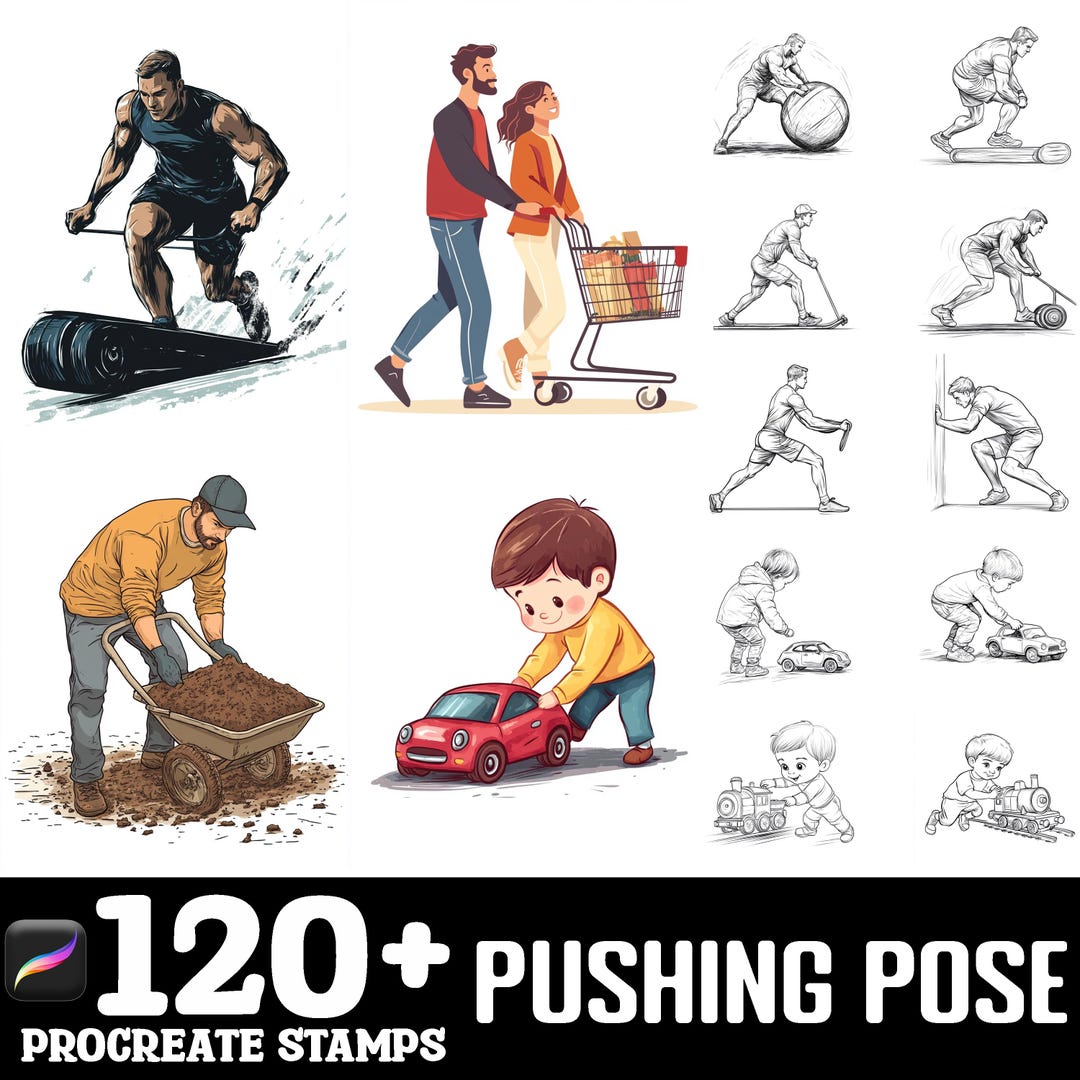 128+ Pushing Pose Procreate Brush Set | Stamps for Procreate | Instant ...