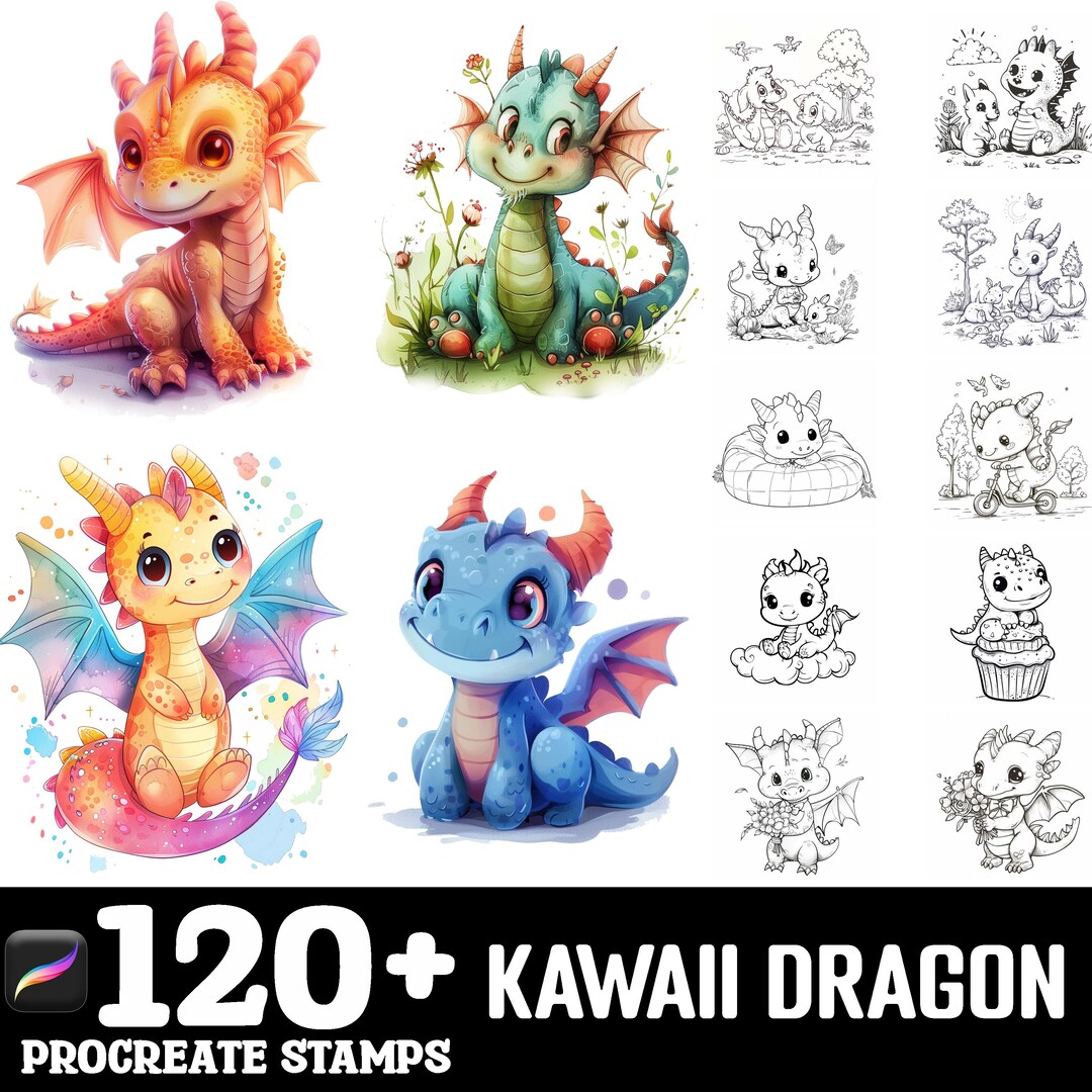 150+ Kawaii Dragon Procreate Brush Set | Stamps for Procreate | Instant ...