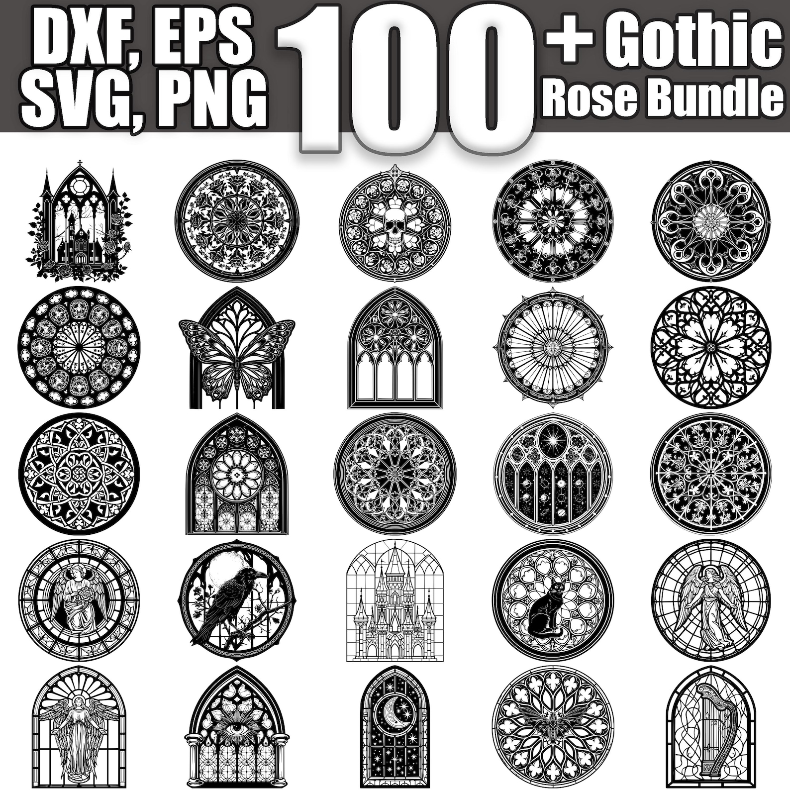 Gothic Rose Stained Glass Window SVG Bundle: 100 Designs (digital ...
