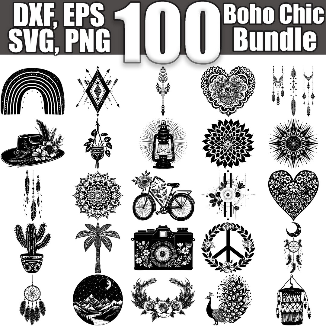 Boho Chic SVG Bundle, Set of 100, Instant Digital Download Svg Png Dxf ...