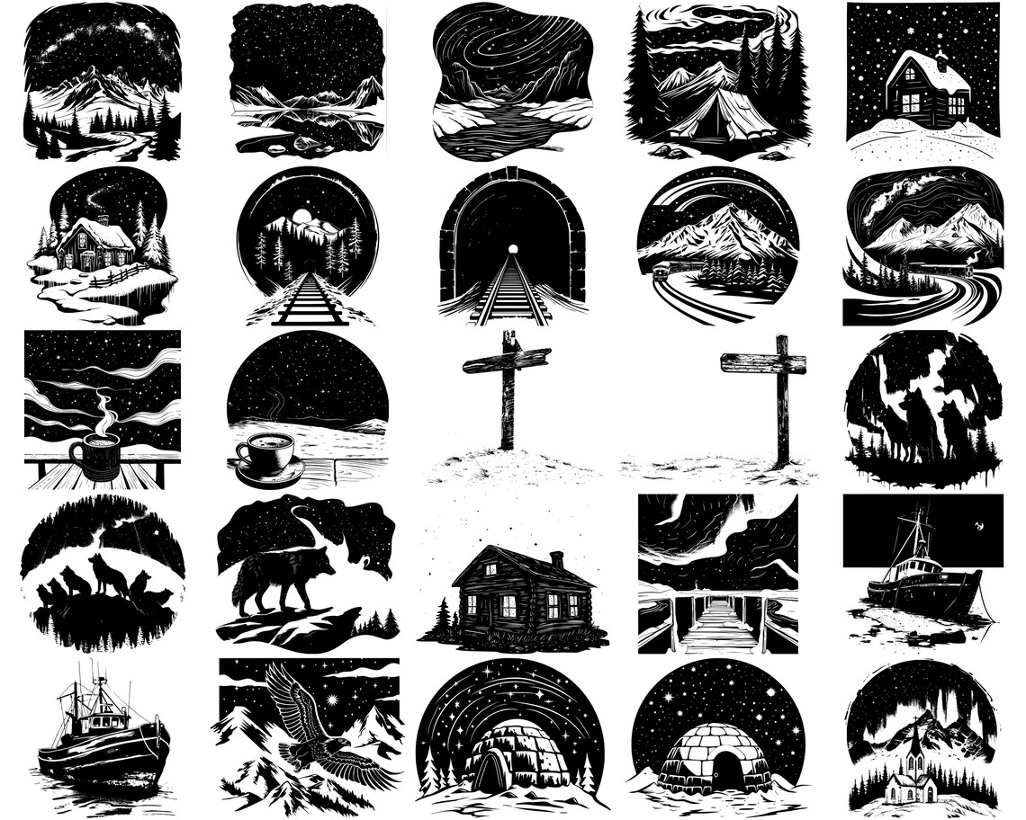 Northern Lights SVG Bundle: Alaska Snowy Peaks Designs (digital ...