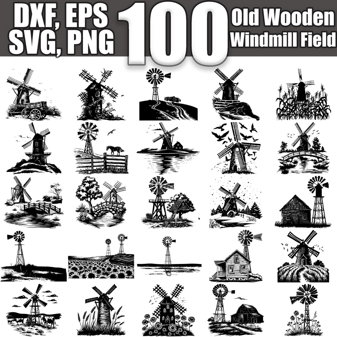 Old Wooden Windmill Field SVG Bundle: 100 Rustic Farm Designs (digital ...